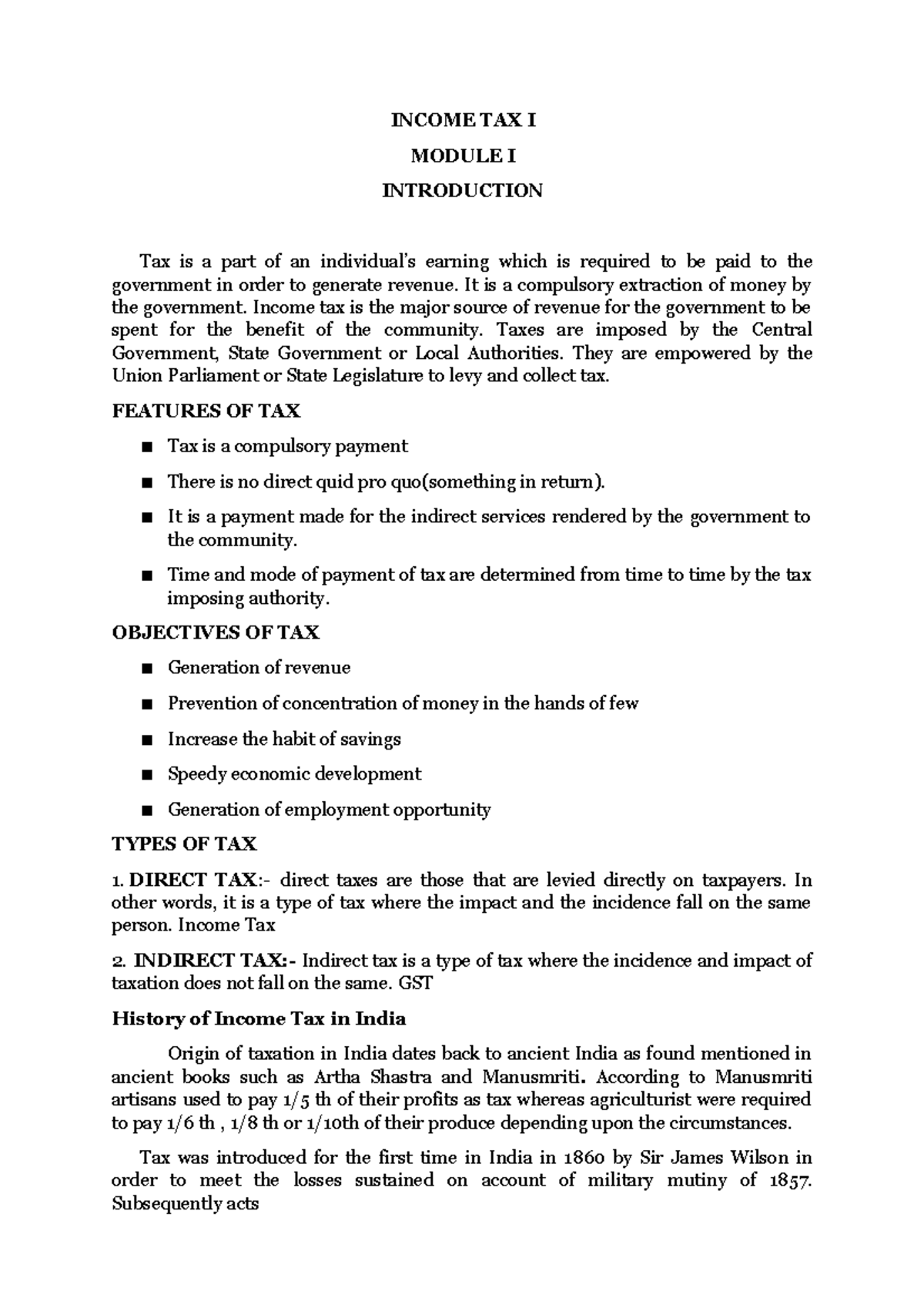 Income TAX I Module I PART I.docx - INCOME TAX I MODULE I INTRODUCTION ...