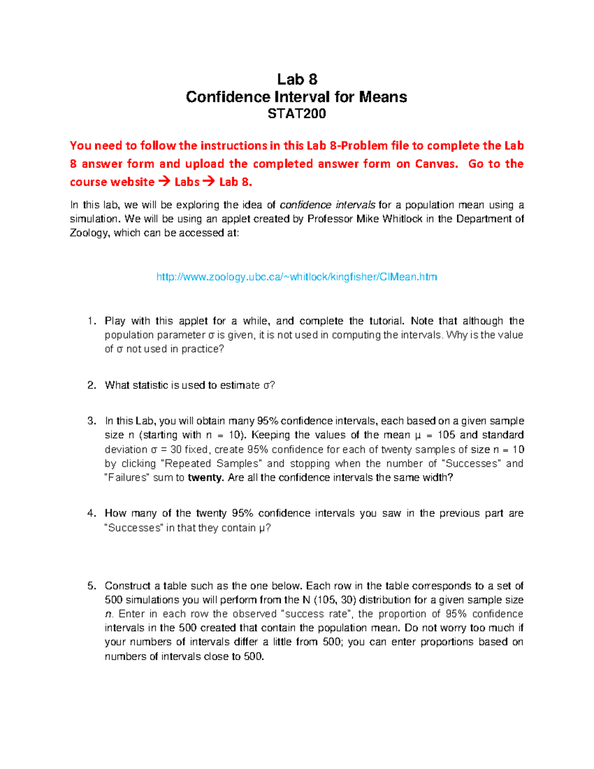 Problem Worksheet - Lab 8 Confidence Interval for Means STAT You need ...