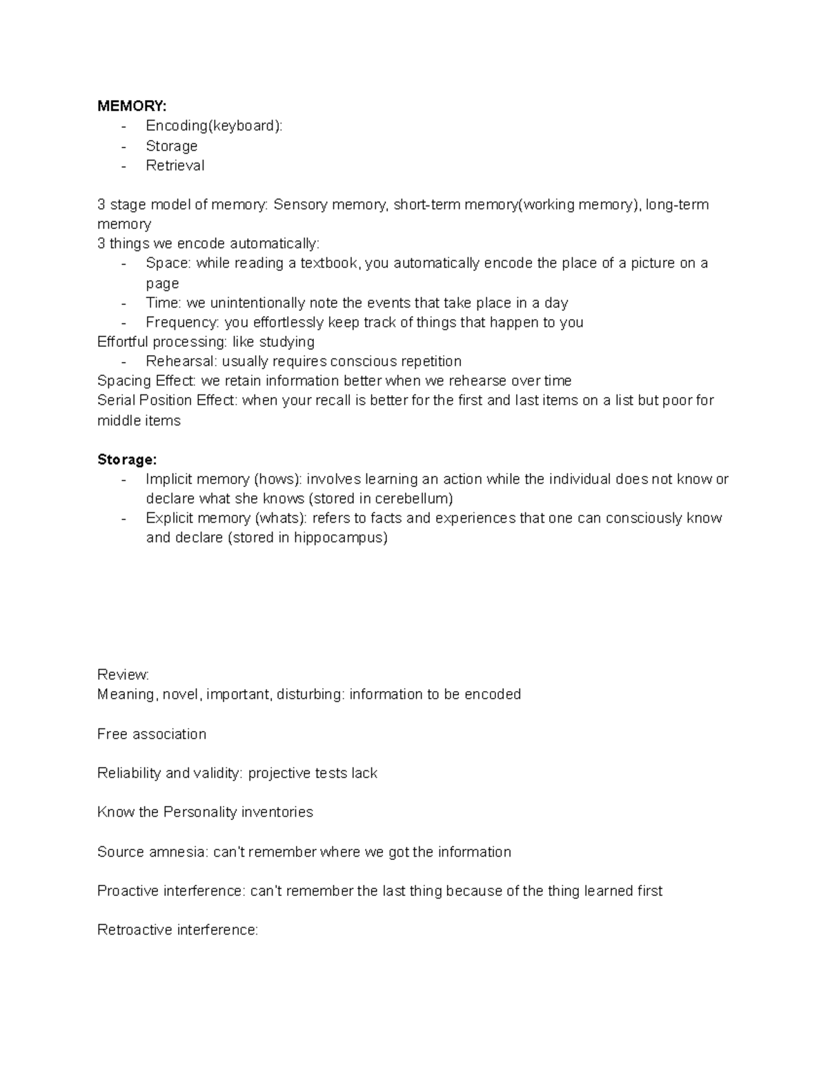 General Psychology Notes - MEMORY: Encoding(keyboard):Storage Retrieval ...