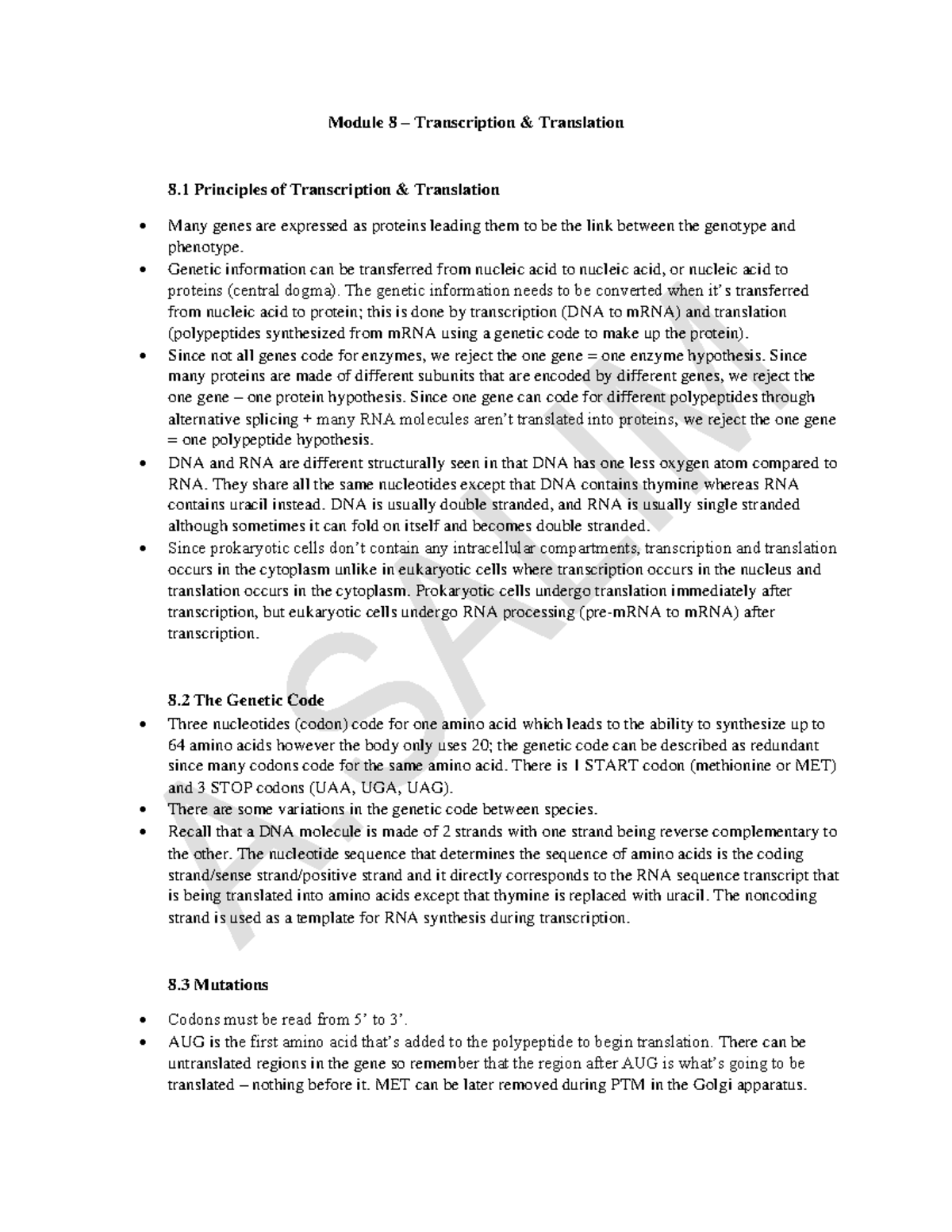 Module 8 - Transcription and Translation - Module 8 – Transcription ...