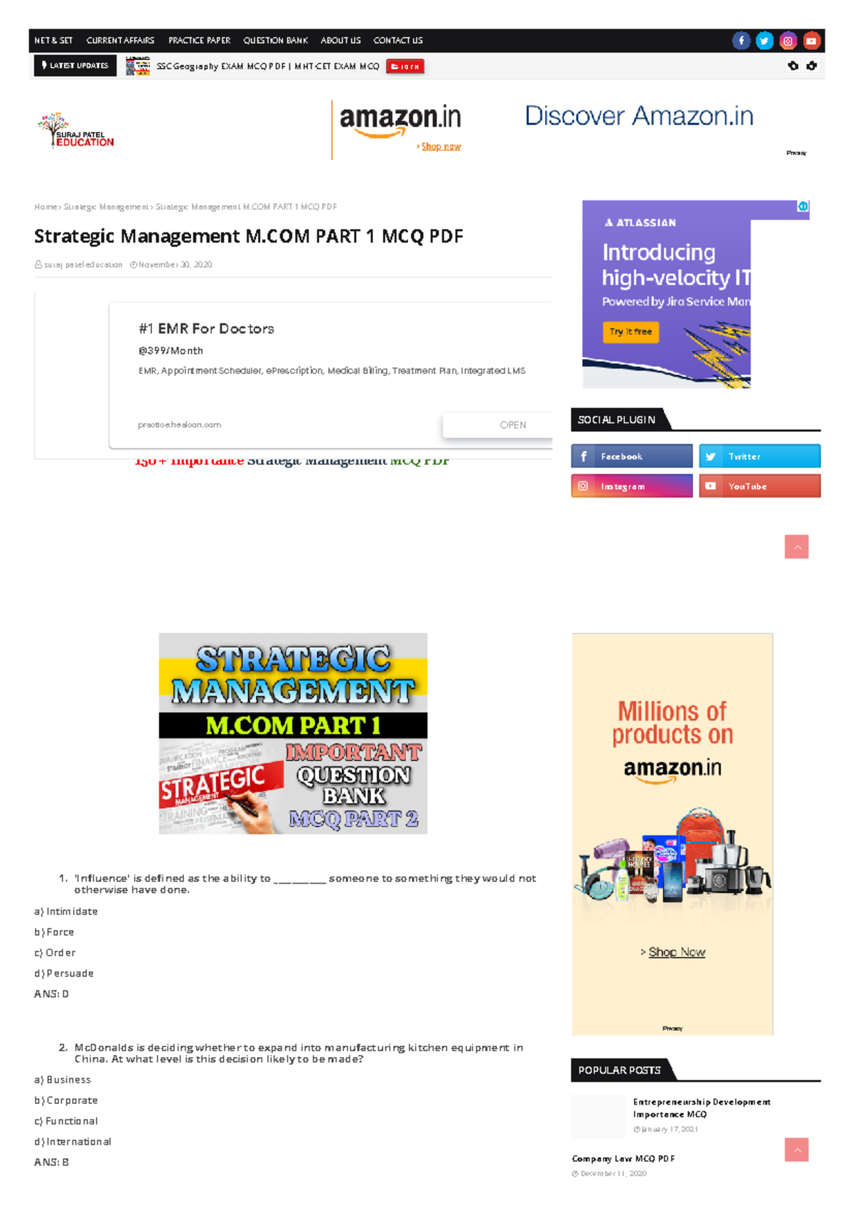 Strategic Management M.COM PART 1 MCQ PDF - LATEST UPDATES Privacy ...