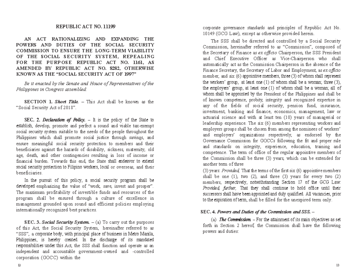 SSS-Law removed-1 - REPUBLIC ACT NO. 11199 AN ACT RATIONALIZING AND ...