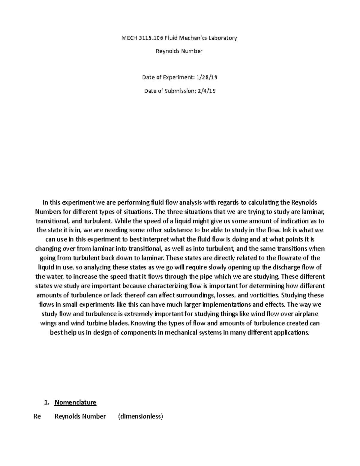 Lab1Reynolds Number - MECH 3115 Fluid Mechanics Laboratory Reynolds ...