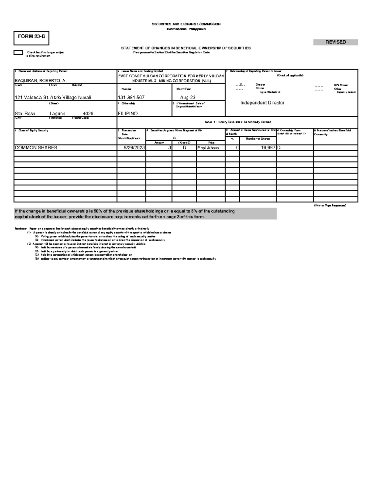 ECVC SEC Form 23B DAT Shares Purchase R. Baquiran - SECURITIES AND ...