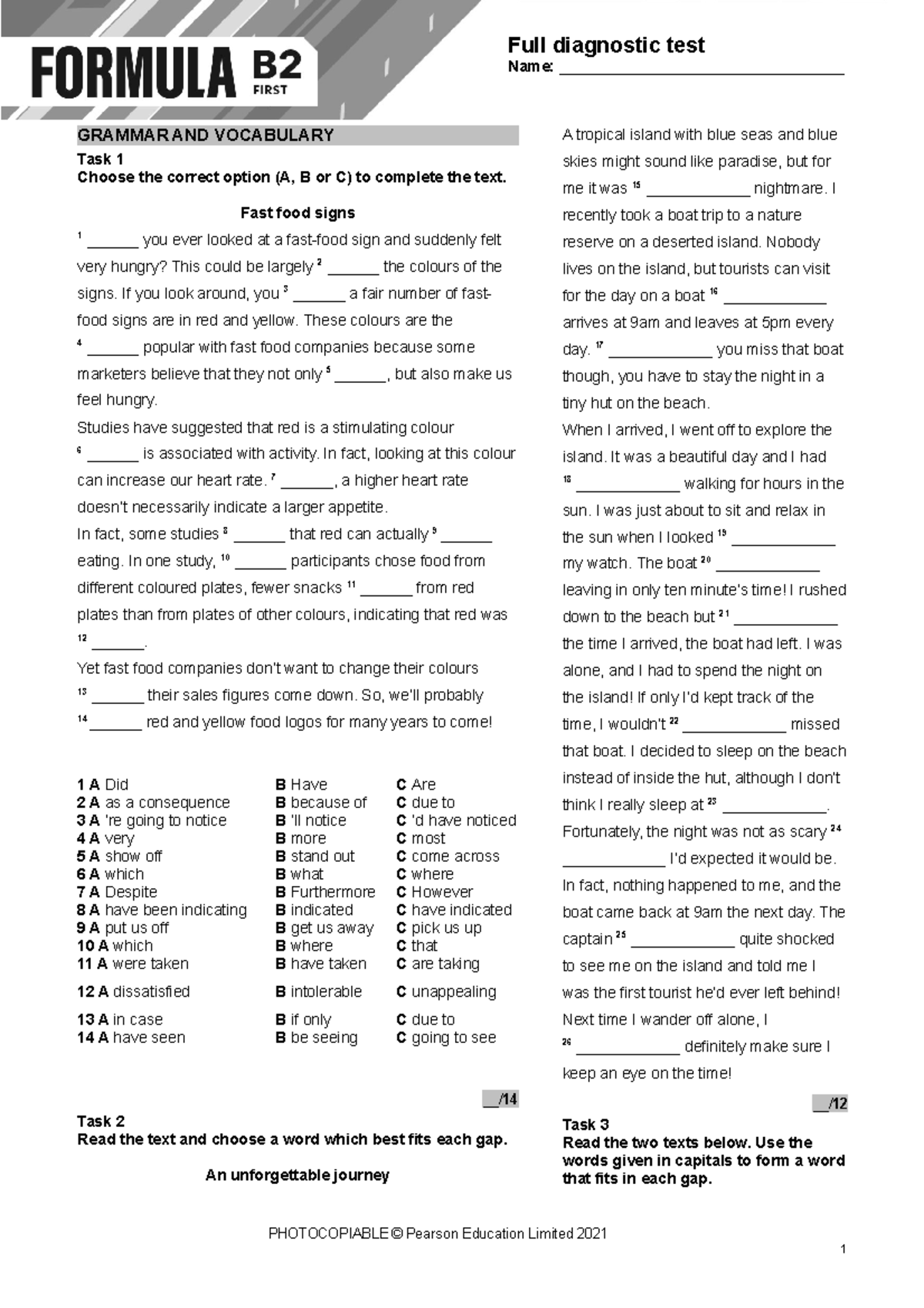 Formula B2 Full Diagnostic Test - GRAMMAR AND VOCABULARY Task 1 Choose ...