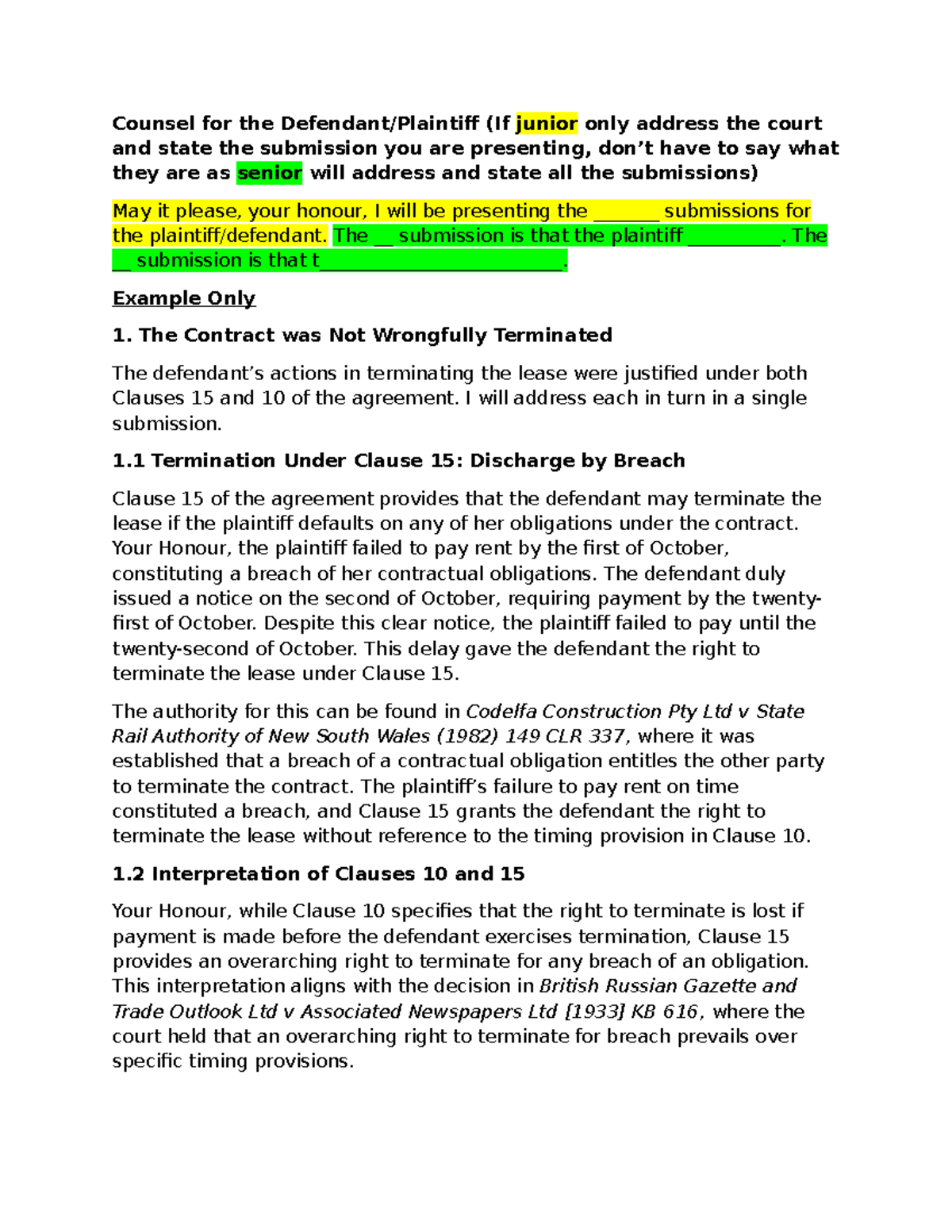 Moot Script Example - Counsel for the Defendant/Plaintiff (If junior ...