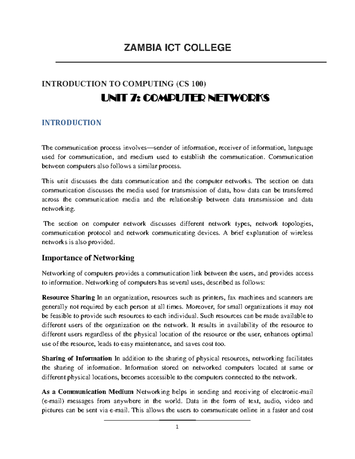 Unit 7- Networks - Great work - ZAMBIA ICT COLLEGE INTRODUCTION TO ...