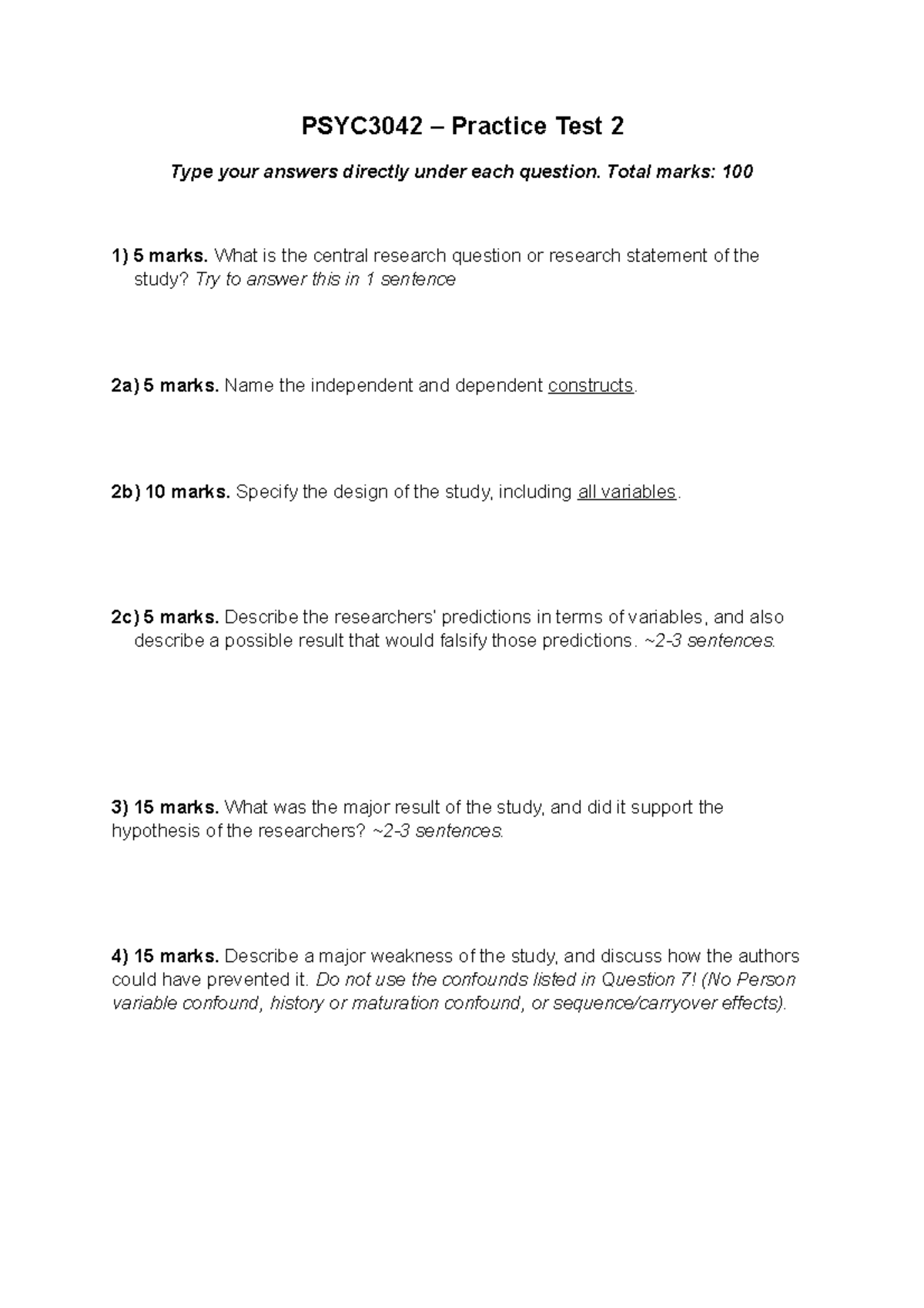 Practice Test 2 - Student version - PSYC3042 – Practice Test 2 Type ...