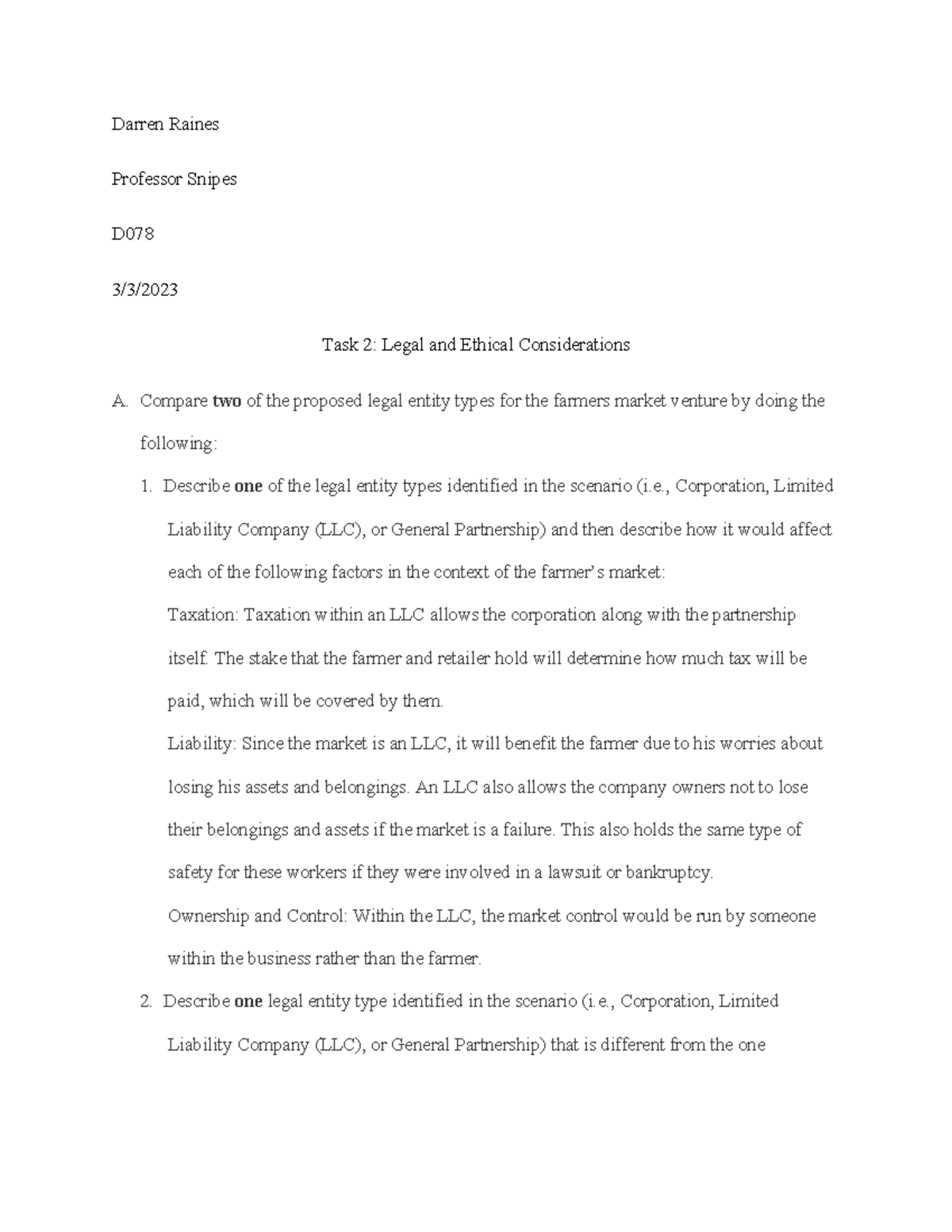 Legal and Ethical Obligation - Darren Raines Professor Snipes D 3/3 ...