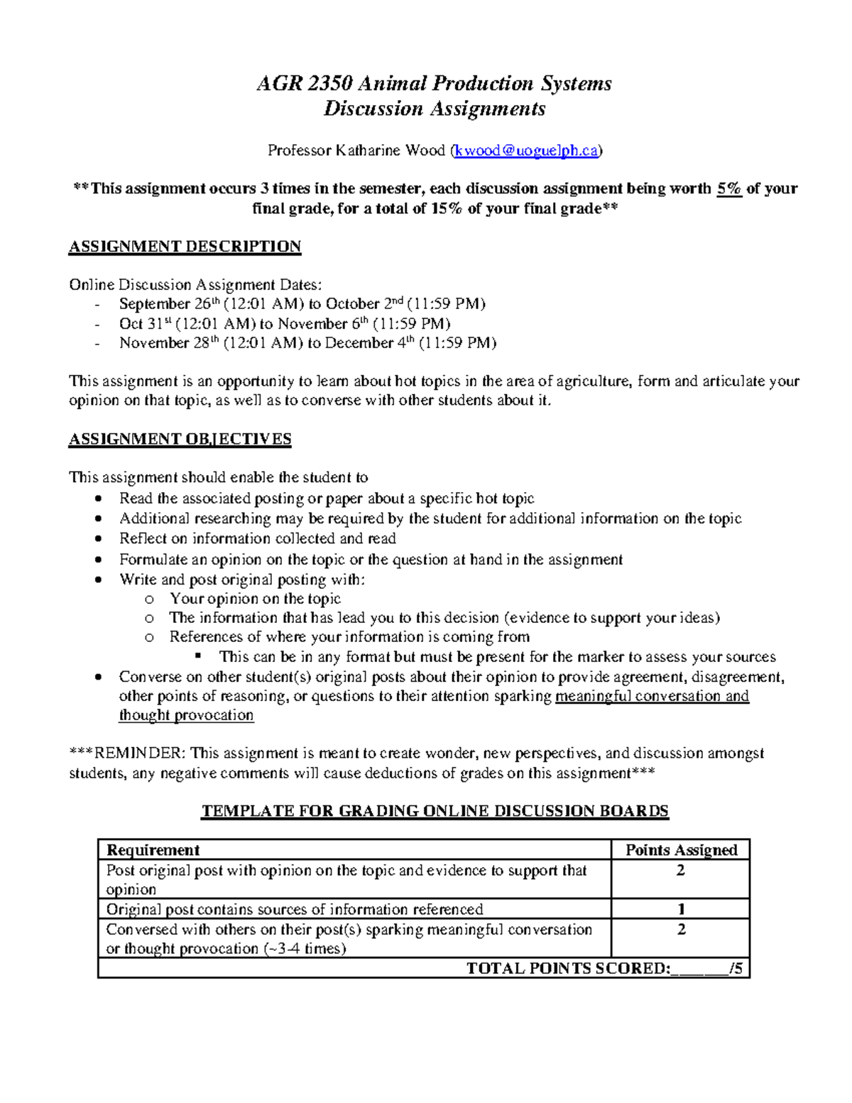 Discussions Rubric 2022 - AGR 2350 Animal Production Systems Discussion Assignments Professor ...