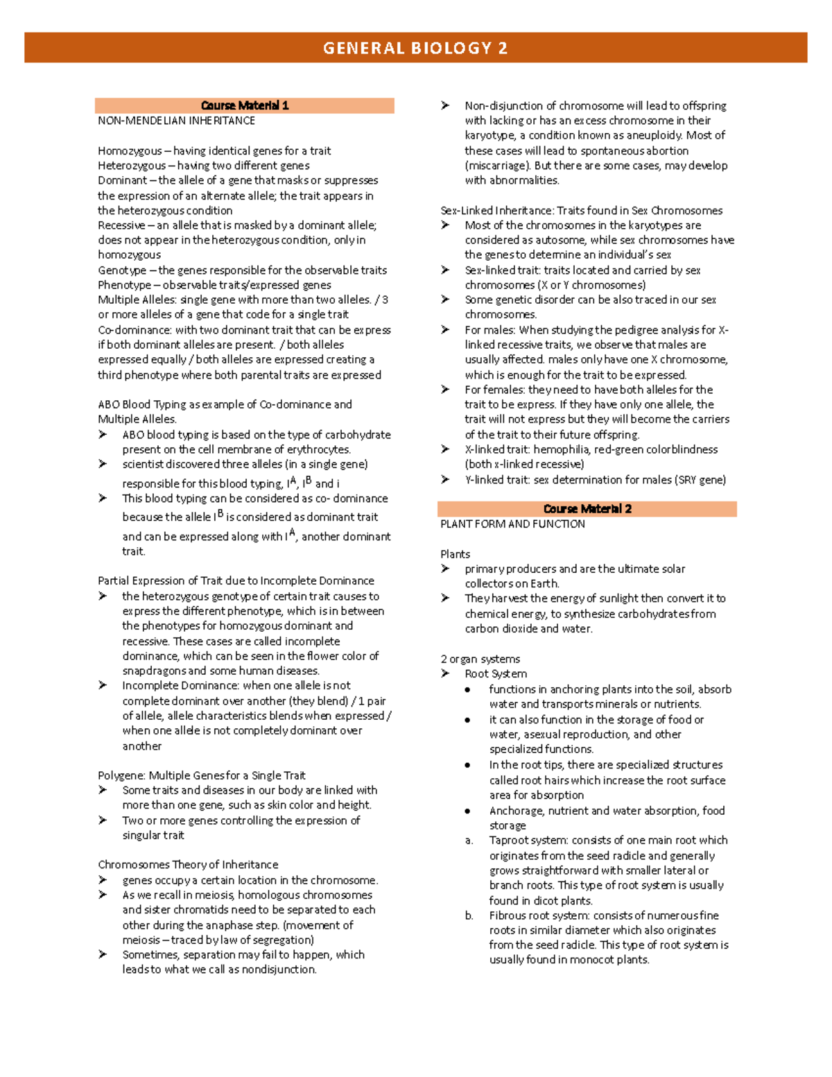 BIO 2 Reviewer - Course Material 1 NON-MENDELIAN INHERITANCE Homozygous ...