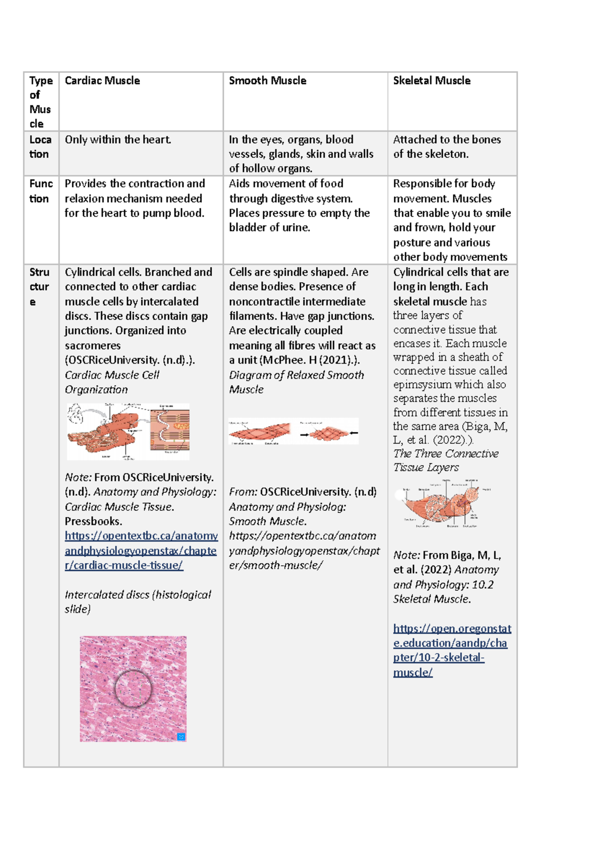 Assignment table q1 - Type of Mus cle Cardiac Muscle Smooth Muscle ...