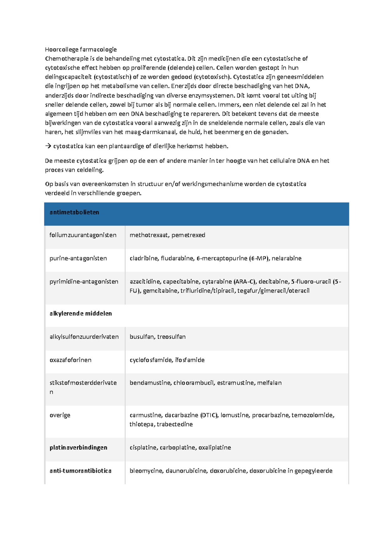 Hoorcollege farmacologie - Hoorcollege farmacologie Chemotherapie is de ...