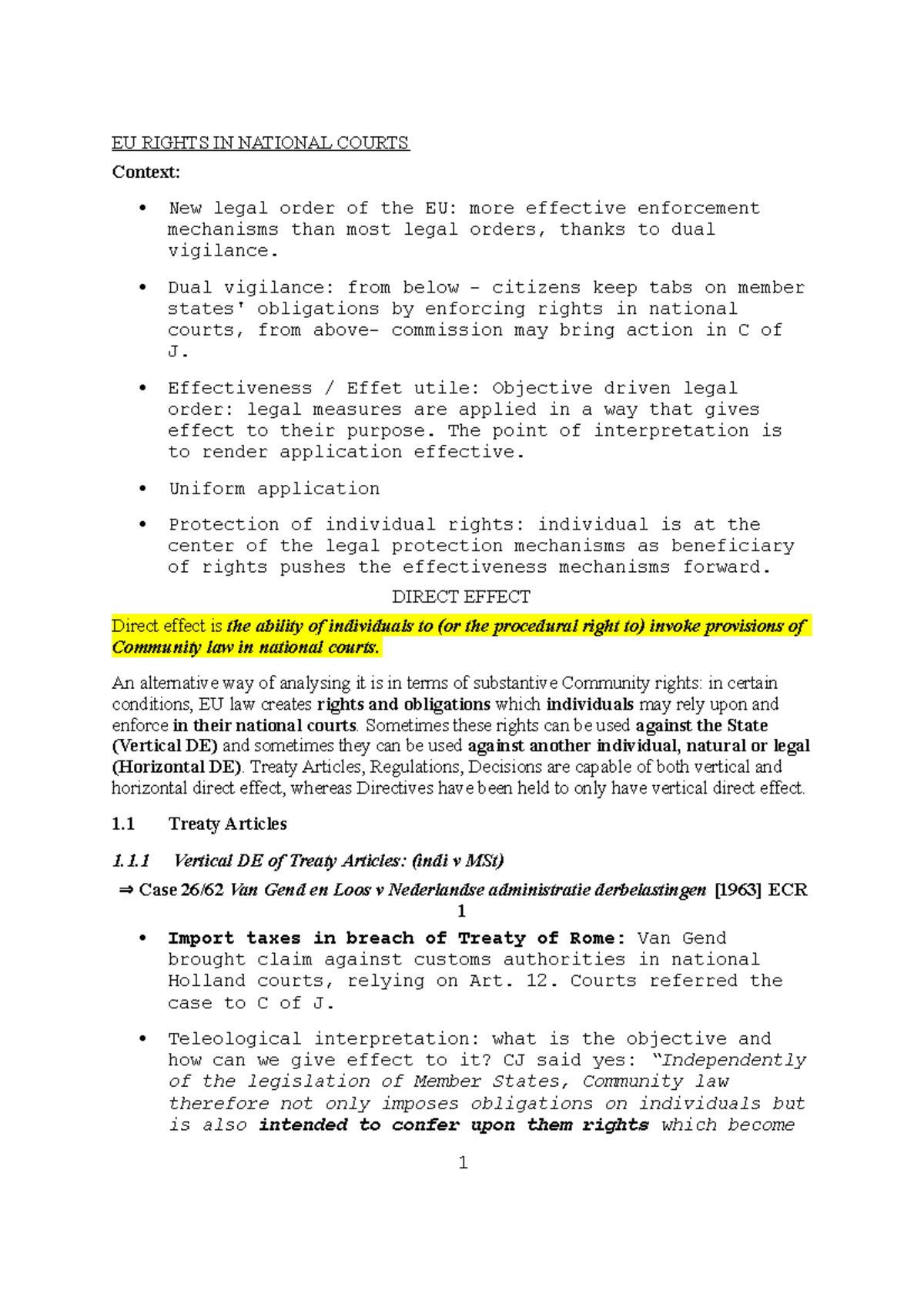 Lecture Iv Direct Effect Eu Rights In National Courts Context New Legal Order Of The Eu