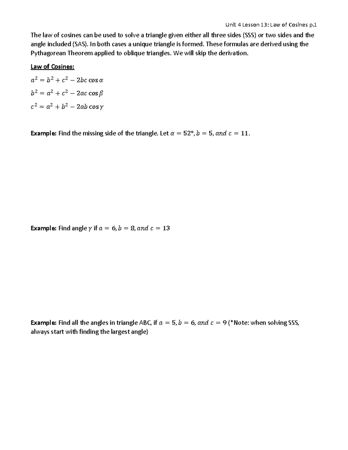 PreCal Trig 1720 Unit 4.13 Law of Cosines - Unit 4 Lesson 13: Law of ...