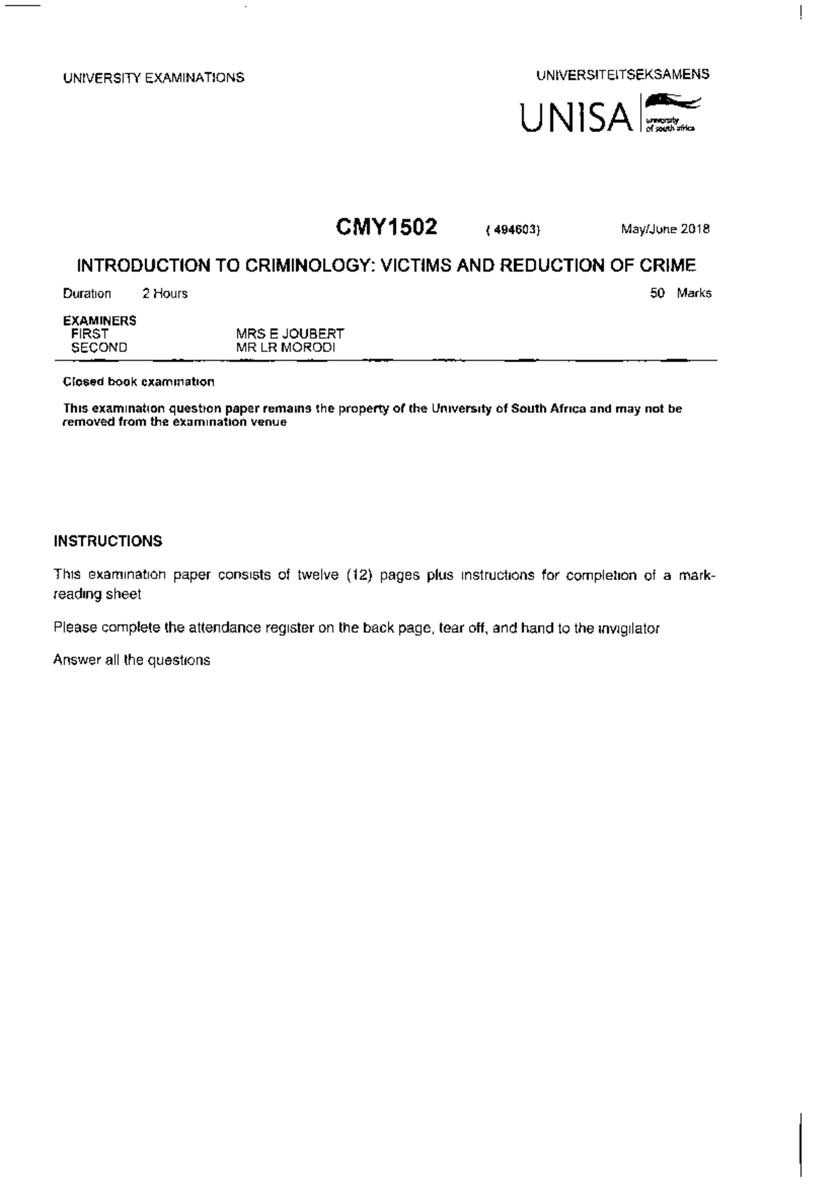 Exam 2018 - cmy1502 - Studocu