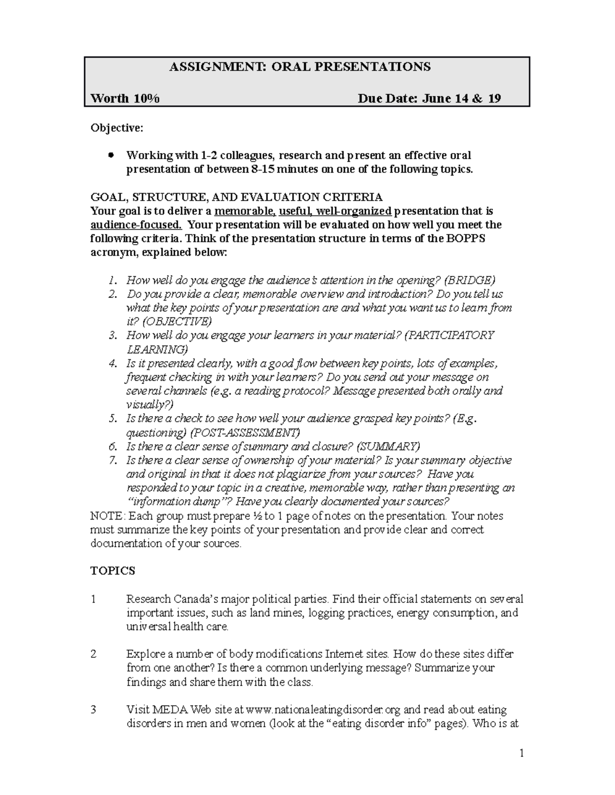 Oral Presentation Assignment - ASSIGNMENT: ORAL PRESENTATIONS Worth 10% ...