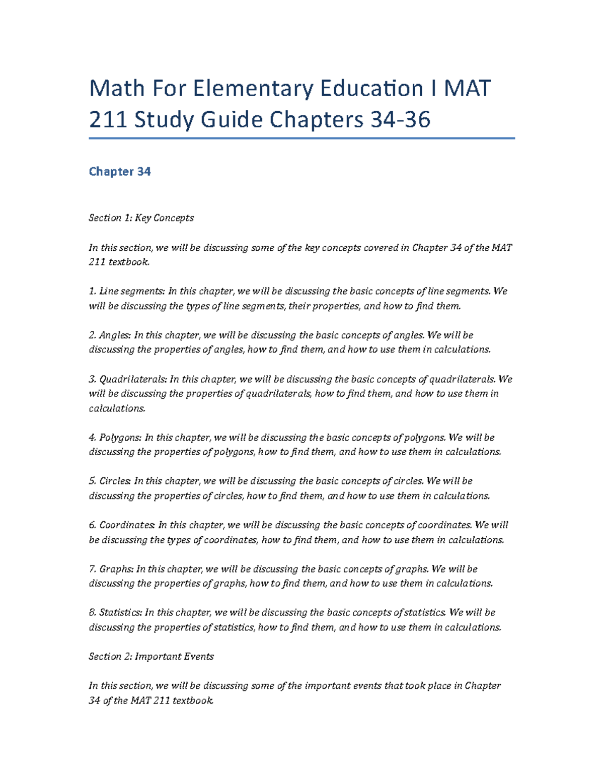 Math For Elementary Education I MAT 211 Study Guide Chapters 34-36 ...