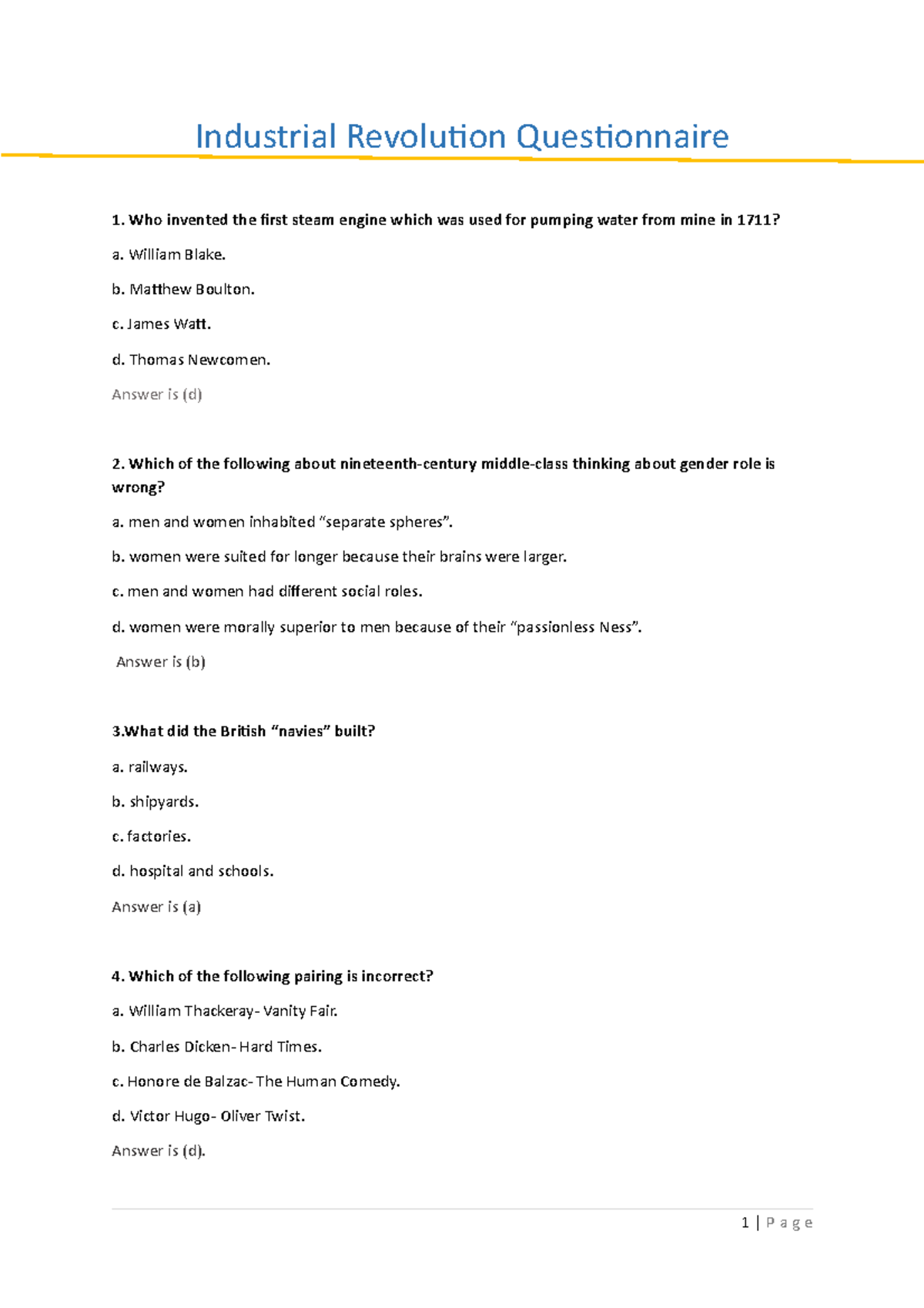 Questionnaire on Industrial Revolution - Industrial Revolution ...