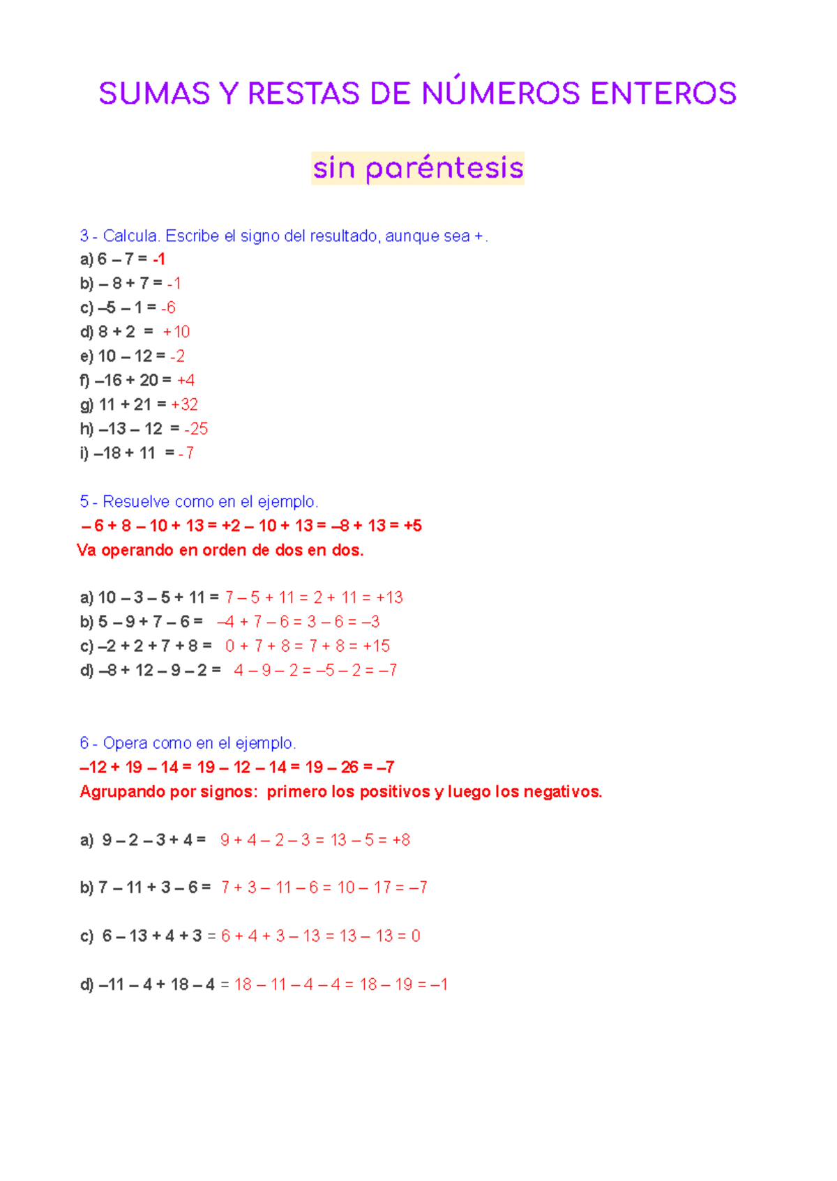 03. Sumas y restas de números enteros sin paréntesis - Resuelto - SUMAS ...