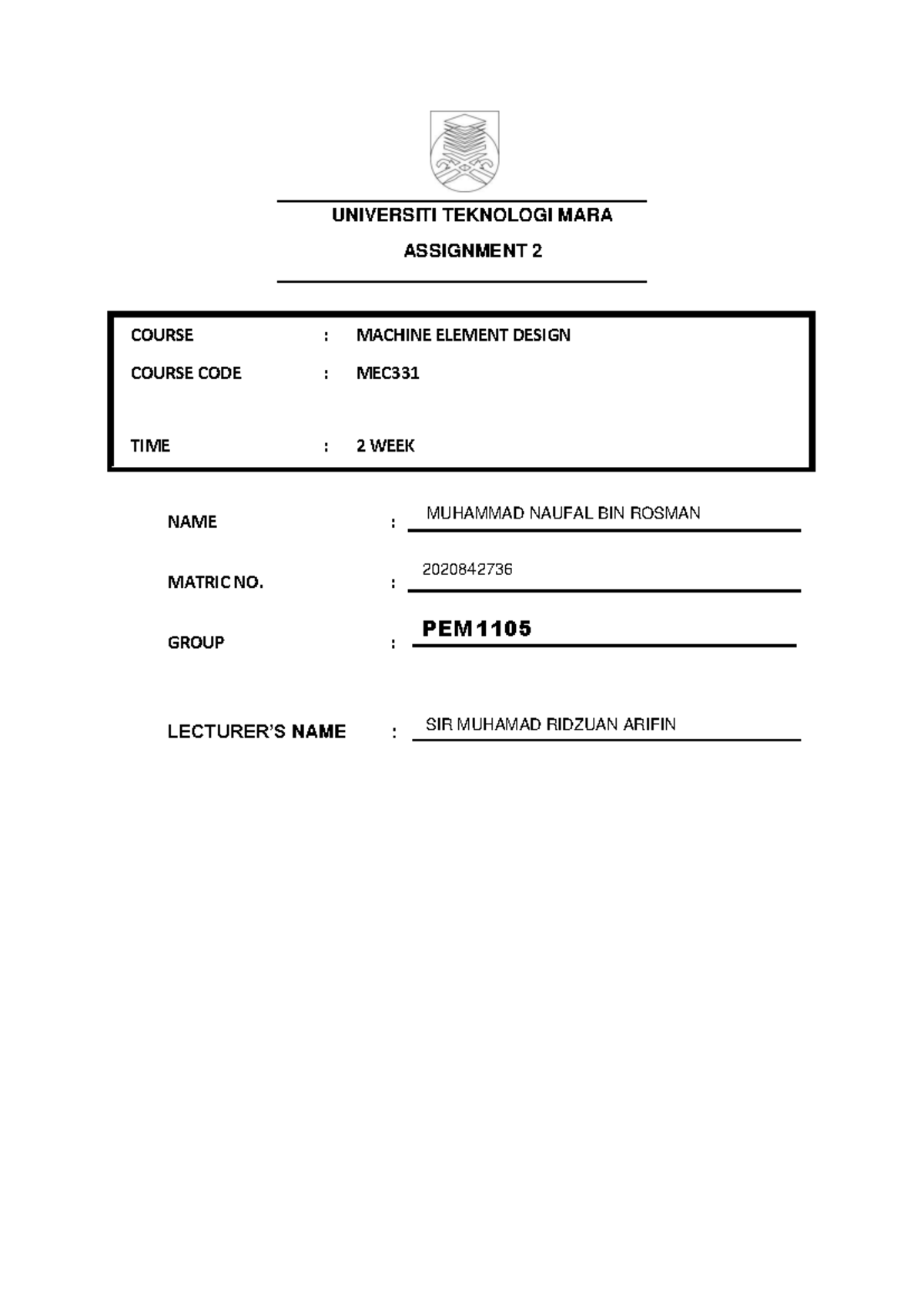 Assignment 2 JAN23 - UNIVERSITI TEKNOLOGI MARA ASSIGNMENT 2 NAME ...