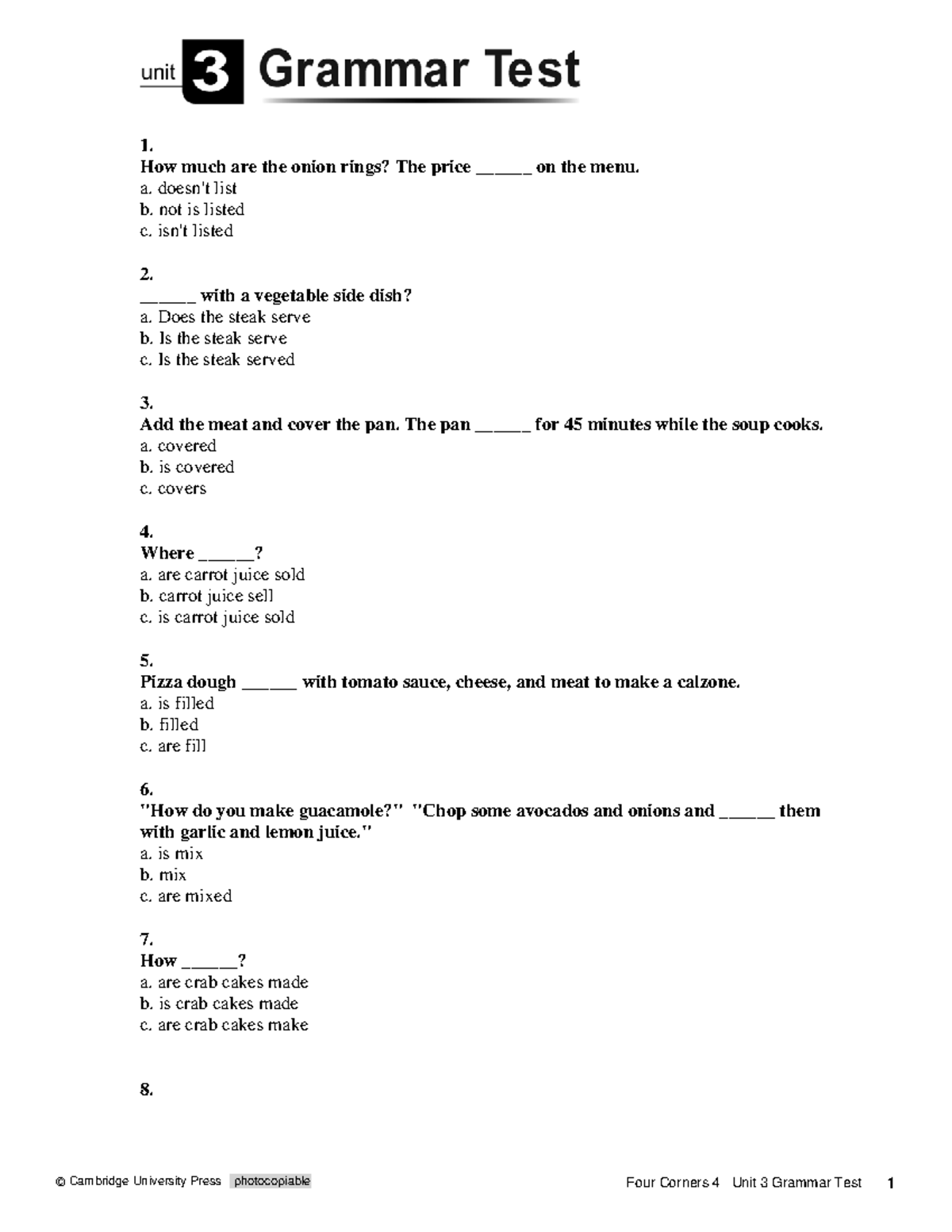 Grammar Unit 3 L4 Ingles Cambridge University Press Photocopiable