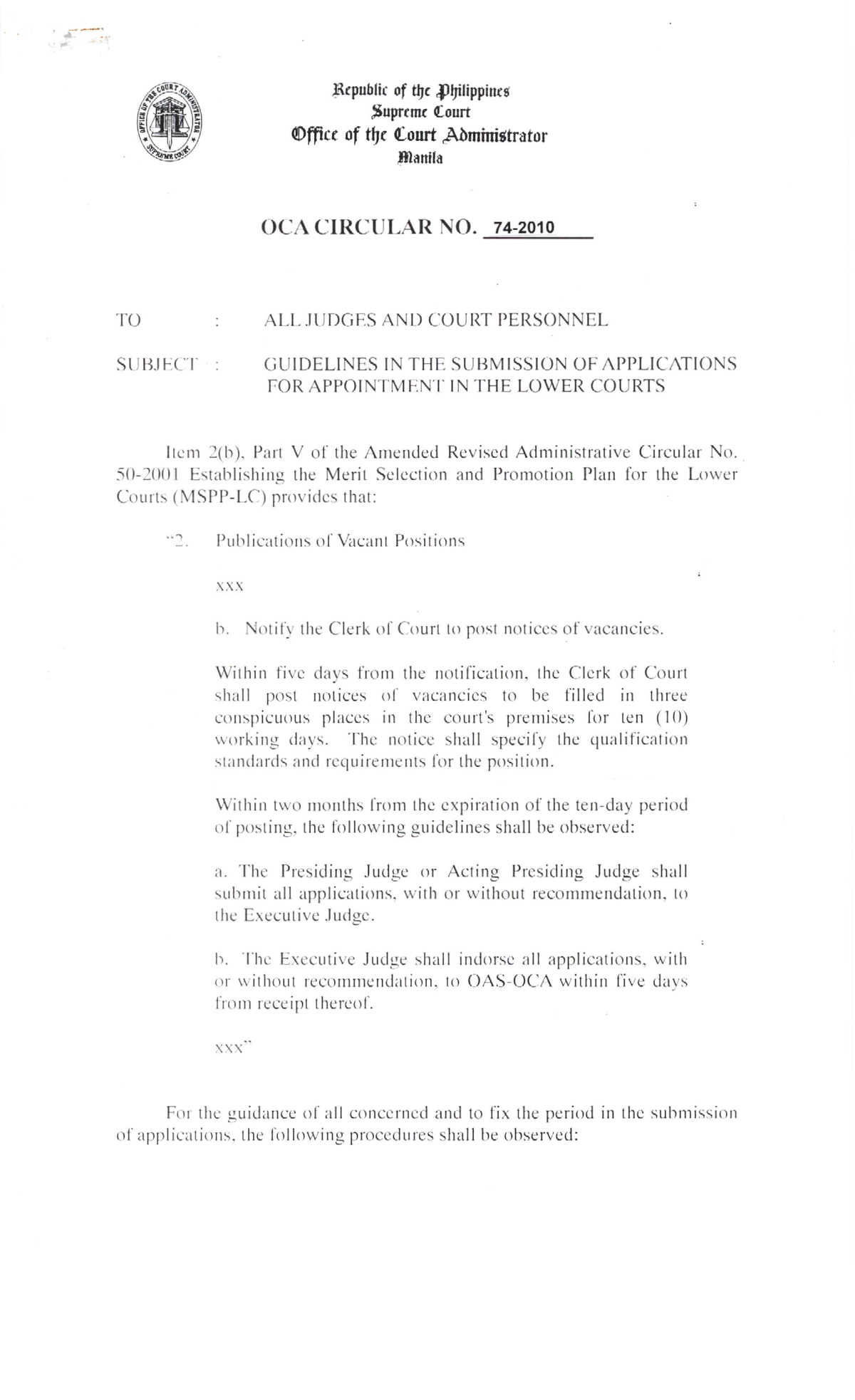 5. OCA Circular No. 74-2010 - · "-:.. .. TO S U IJ1-:("1' J ,R cp u b ...