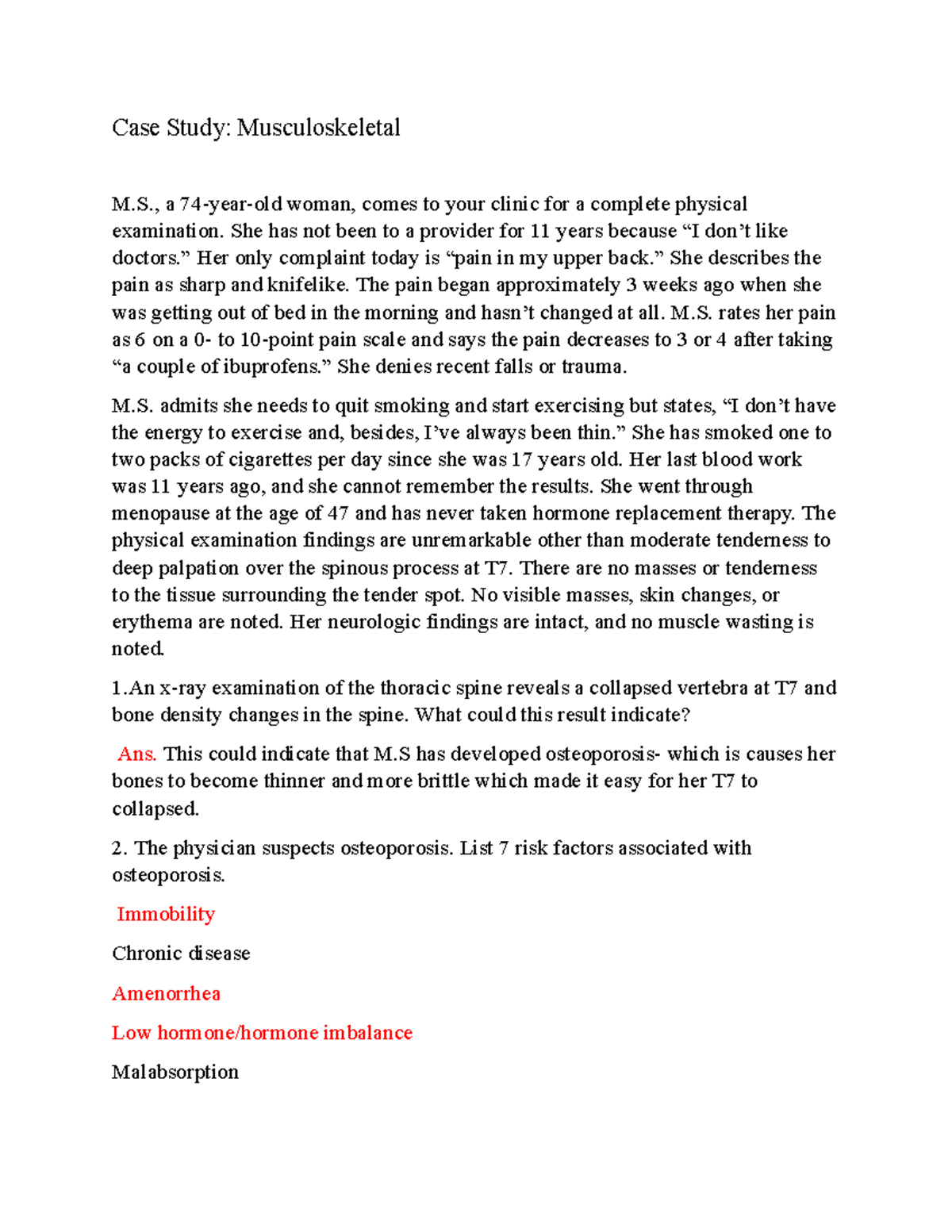 Case study- Musculoskeletal - Nur 265 - Studocu