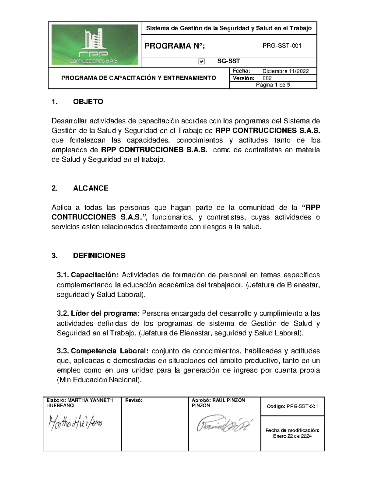 PRG-SST-001 Programa de Capacitaci Ã³n y Entrenamiento 2024 - PROGRAMA N°: PRG-SST- 001 SG-SST ...