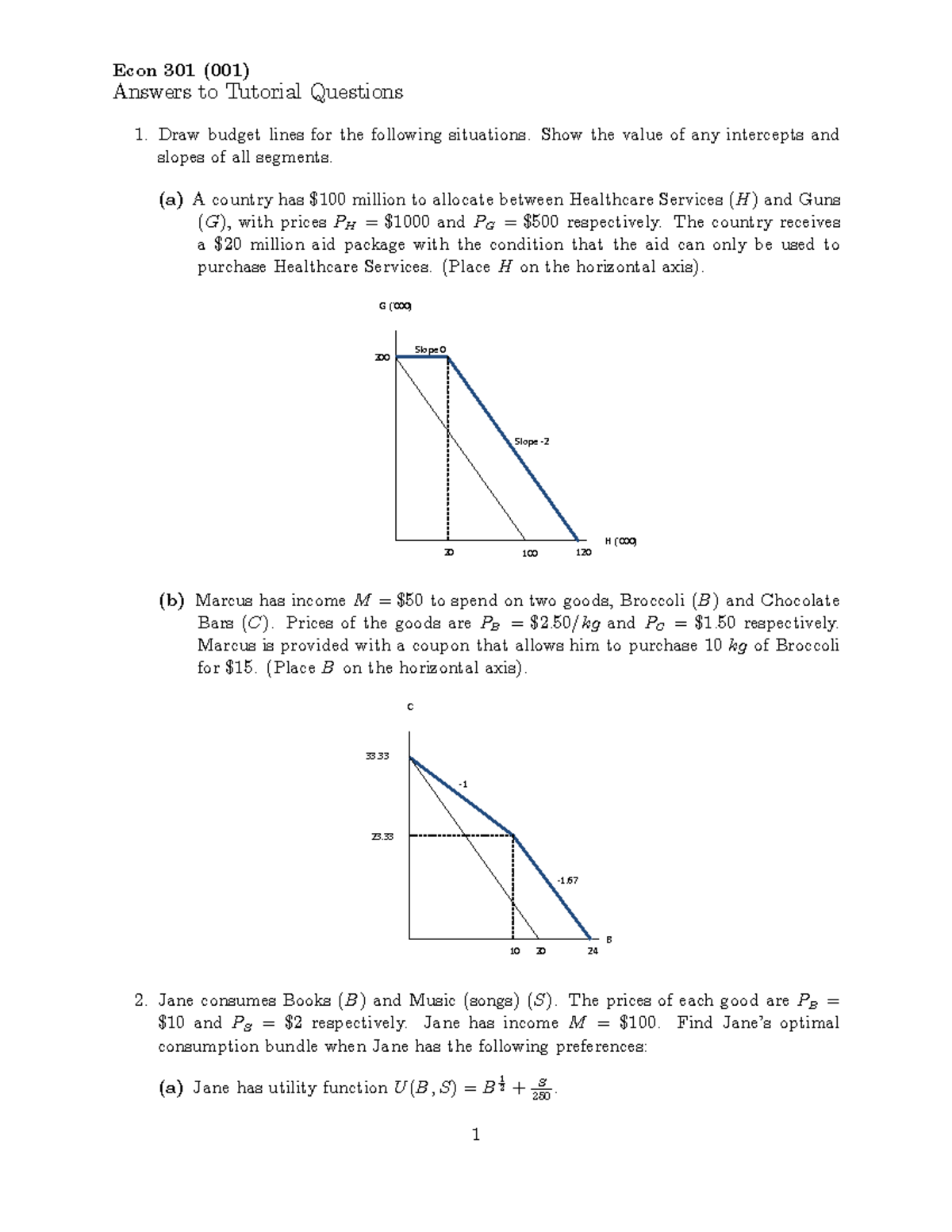 301 - tutorial week 3 - answers - Econ 301 (001) Answers to Tutorial Questions Draw budget lines ...
