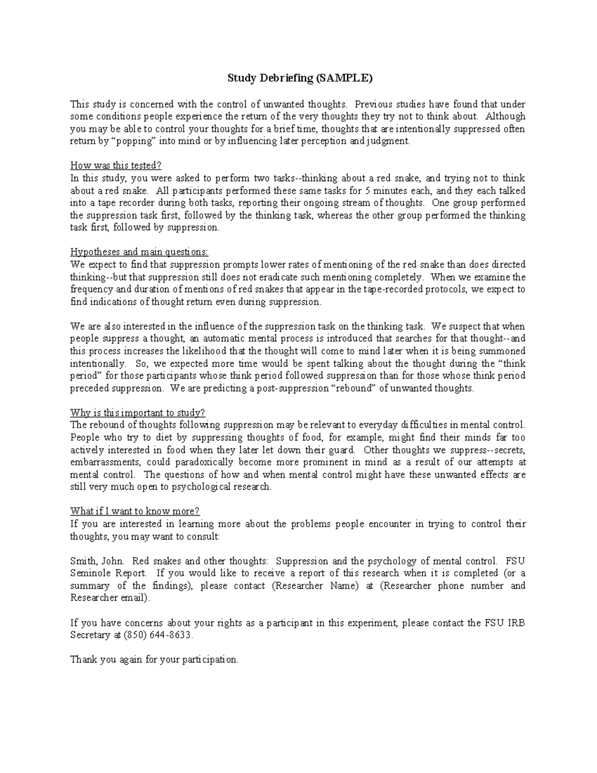 Psychologydebriefing - Study Debriefing (SAMPLE) This study is ...