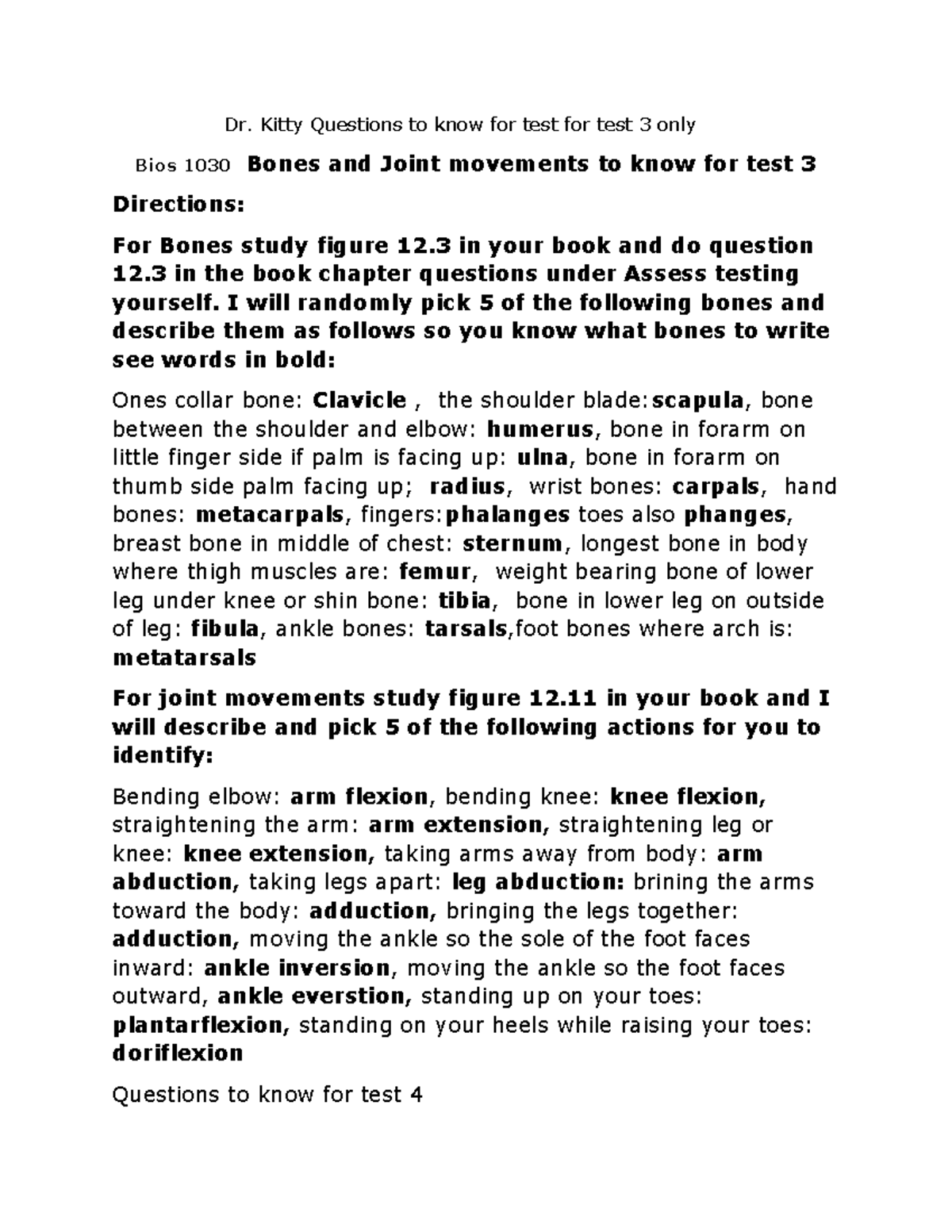 bones & movement - Dr. Kitty Questions to know for test for test 3 only ...