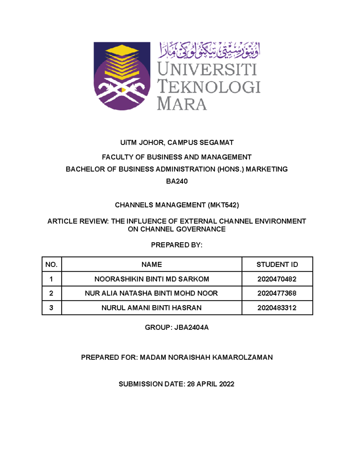 Article Review 542 - UiTM JOHOR, CAMPUS SEGAMAT FACULTY OF BUSINESS AND ...