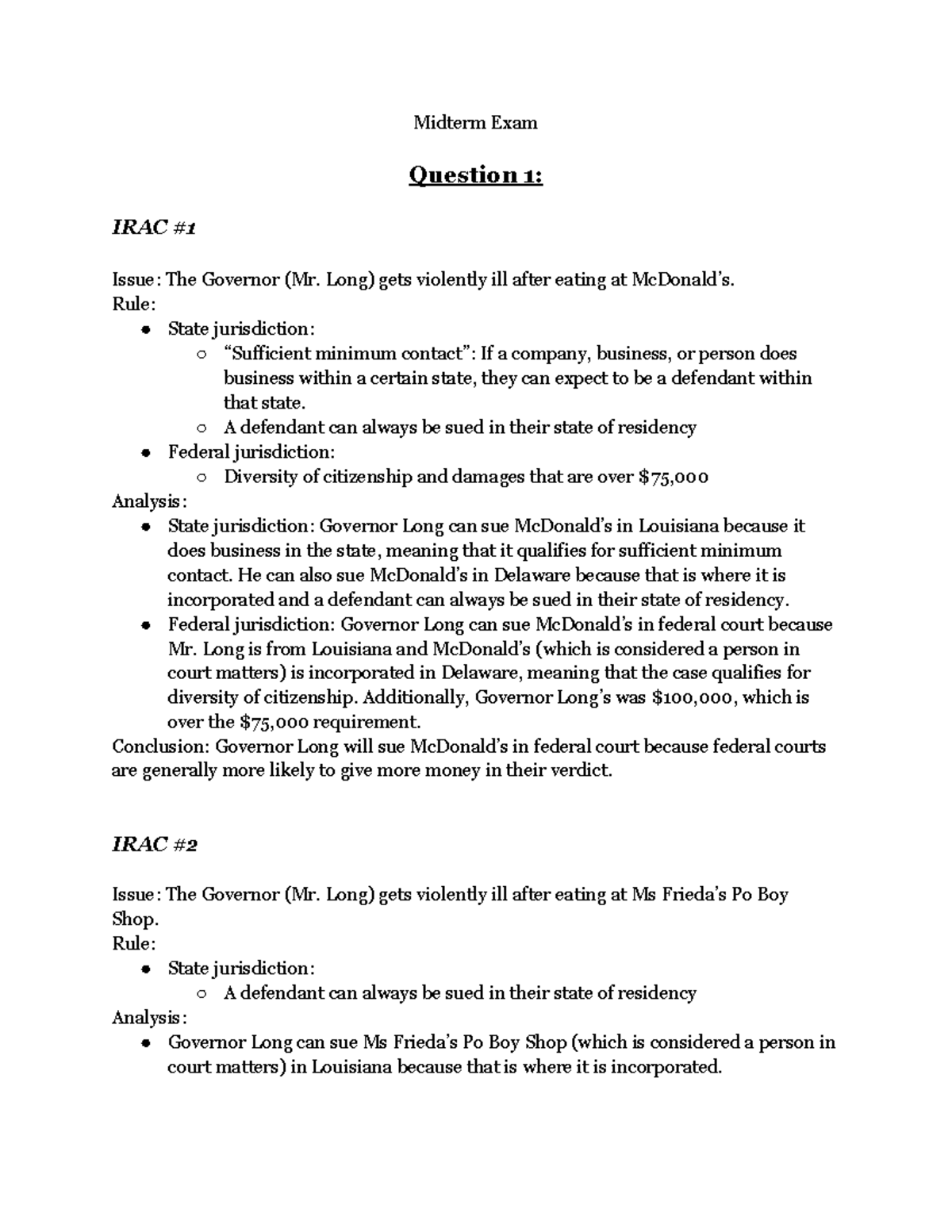 American Government - Midterm Exam - Midterm Exam Question 1: IRAC ...