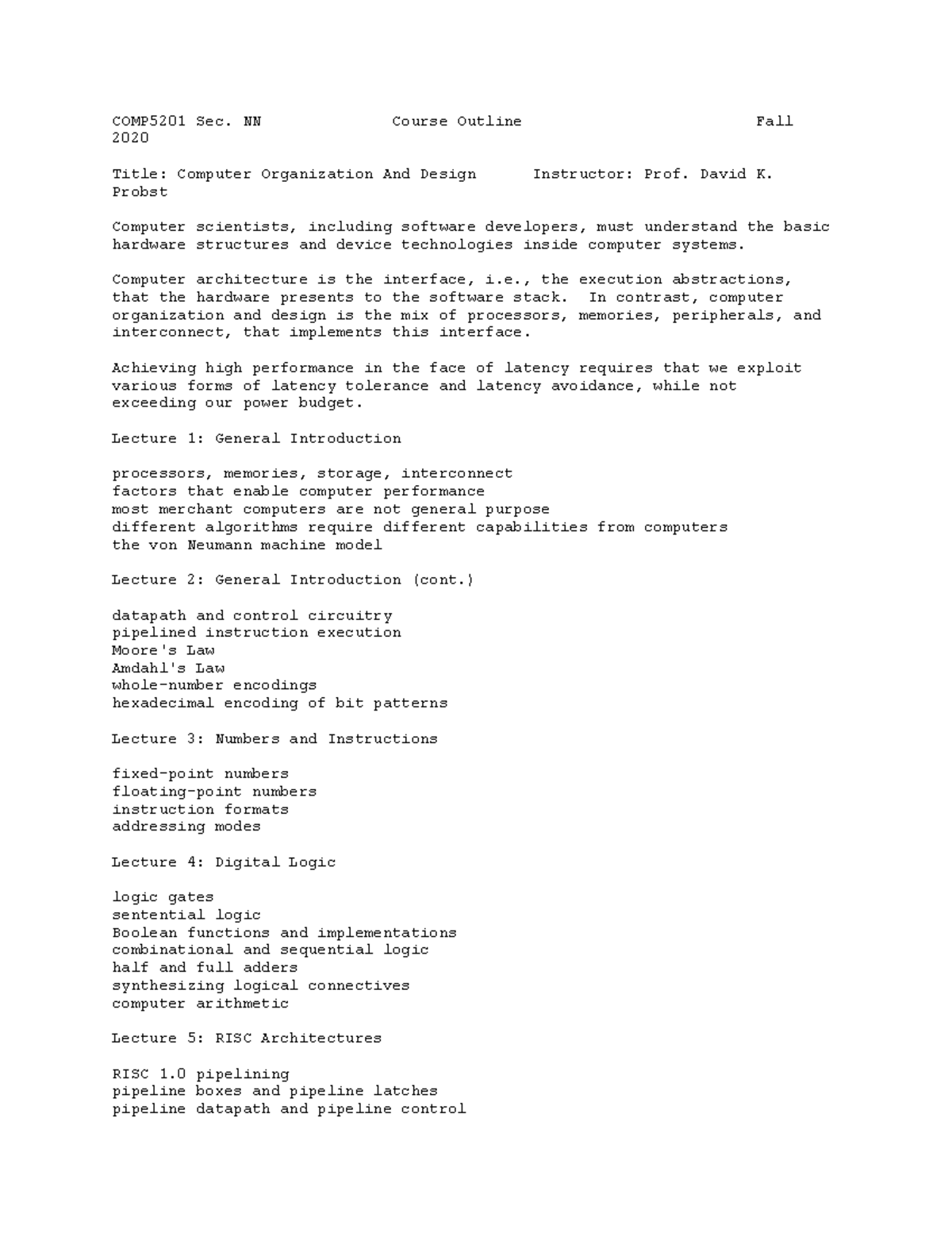 Course Outline - COMP5201 Sec. NN Course Outline Fall 2020 Title: Computer Organization And ...