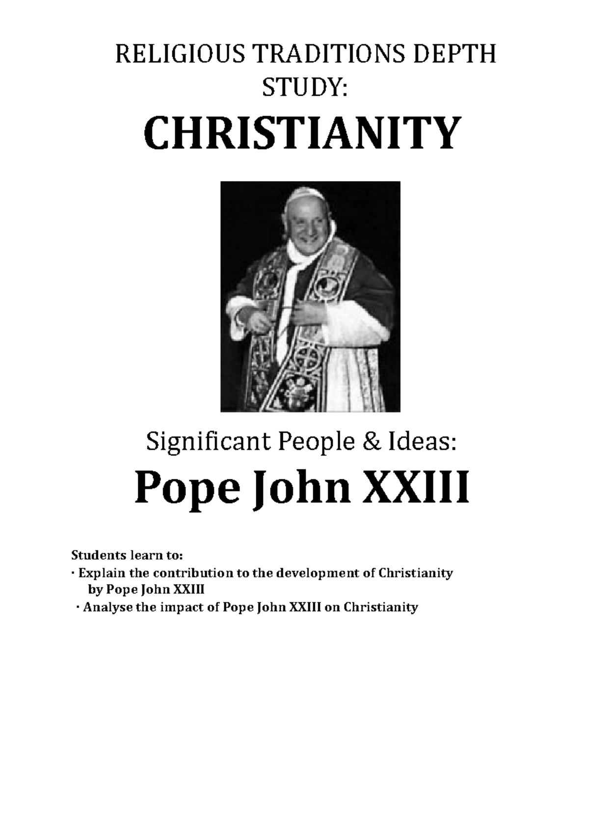 Pope John Xxiii Comprehensive Booklet - RELIGIOUS TRADITIONS DEPTH ...