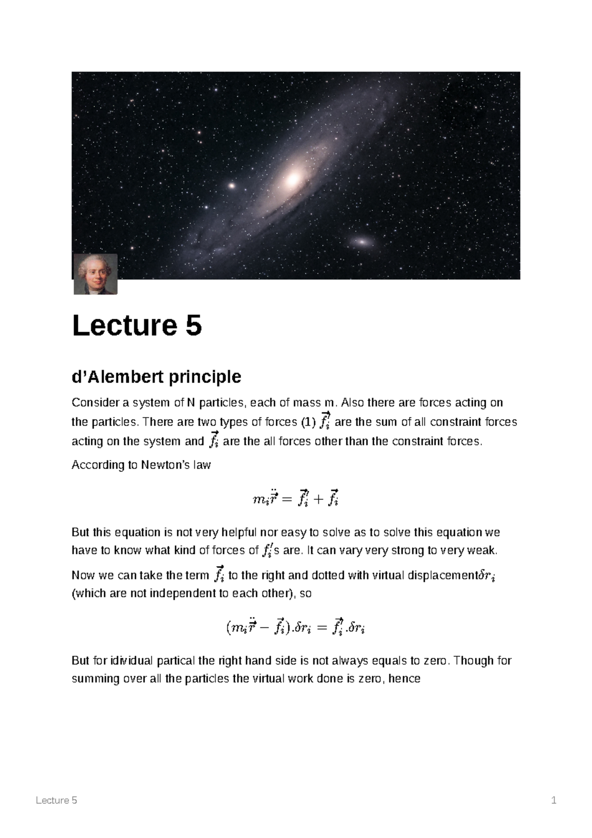 d'Alembert Principle - Lecture 5 1 Lecture 5 d’Alembert principle ...
