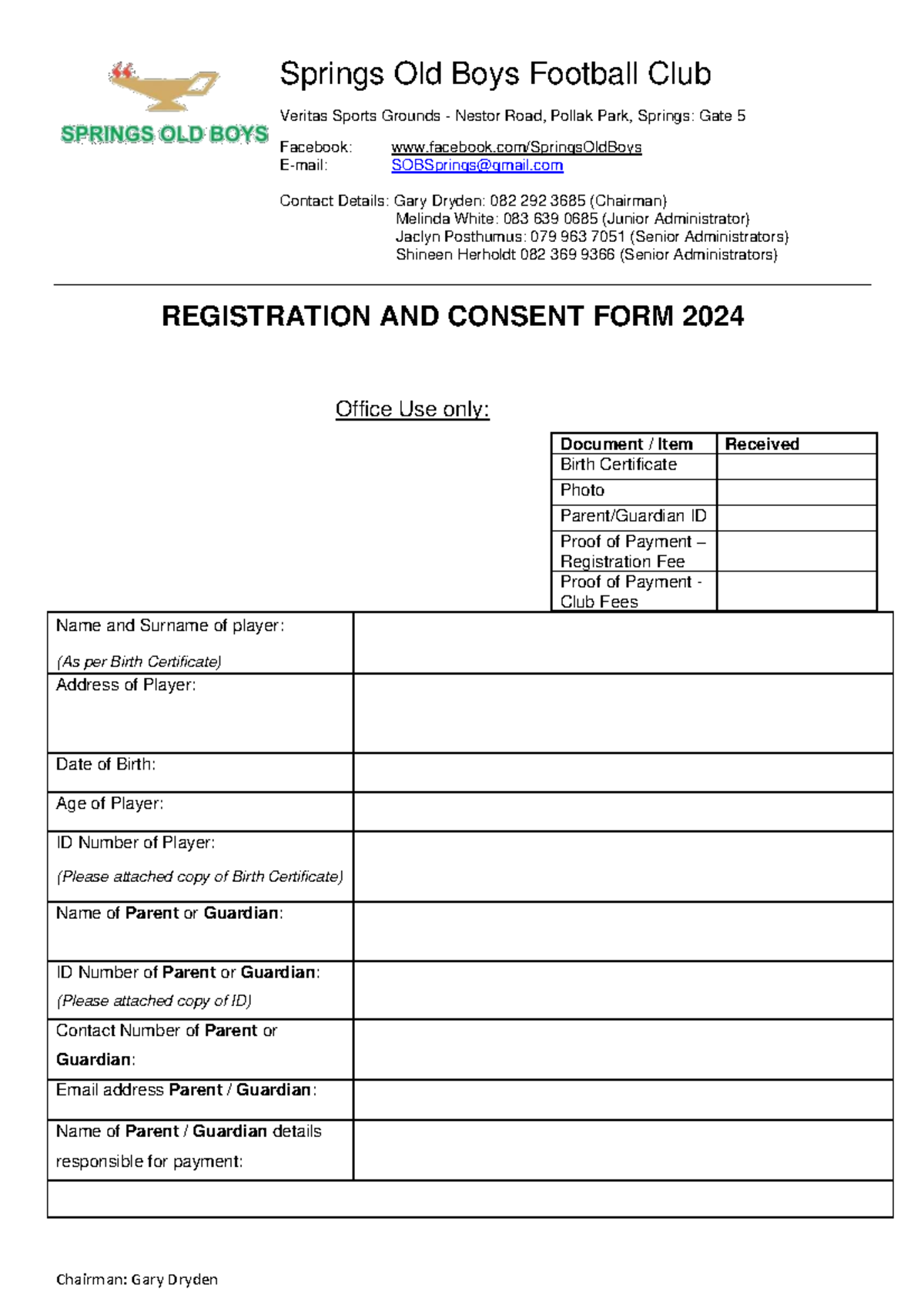 Registration Form 2024-2 - Chairman: Gary Dryden Springs Old Boys ...