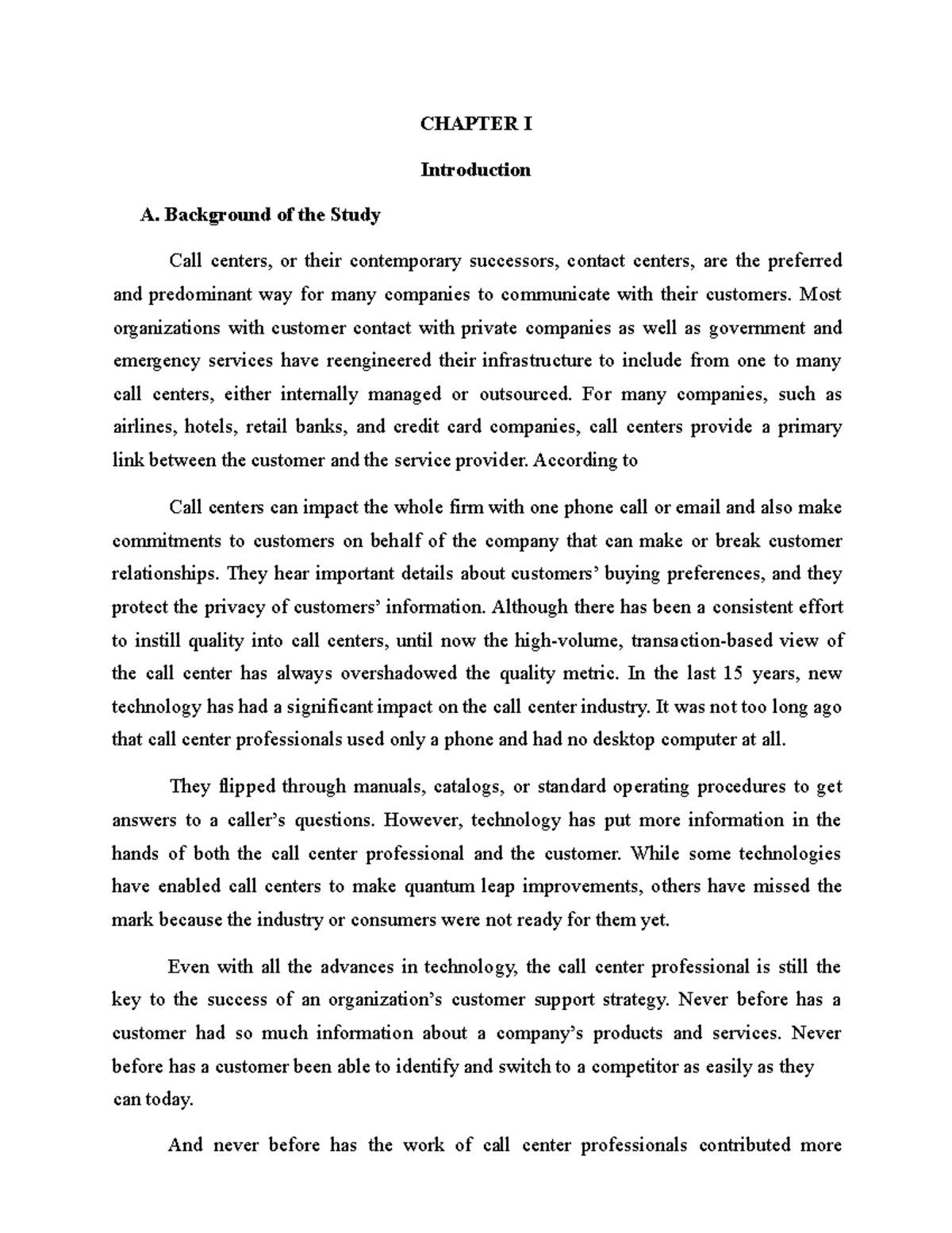 Chapter I Introduction CALL Center Company - CHAPTER I Introduction A ...