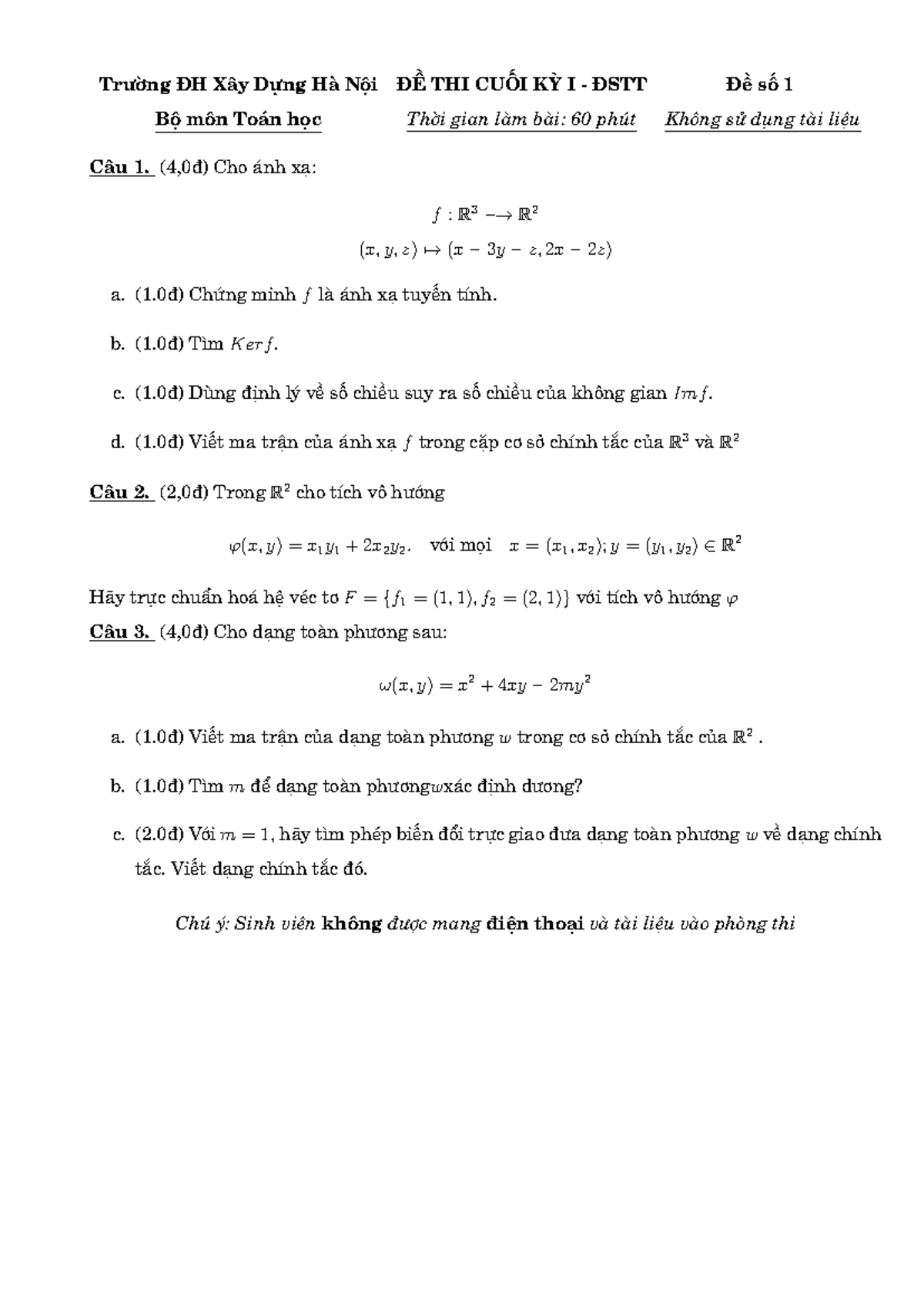 ĐỀ THI ĐSTT 68KT1 - ádasdasd - Tr ̃ÌngH Xây D ̧ng Hà NÎióTHI CU»I K›I -STT∑sË 1 BÎmôn Toán hÂc ...