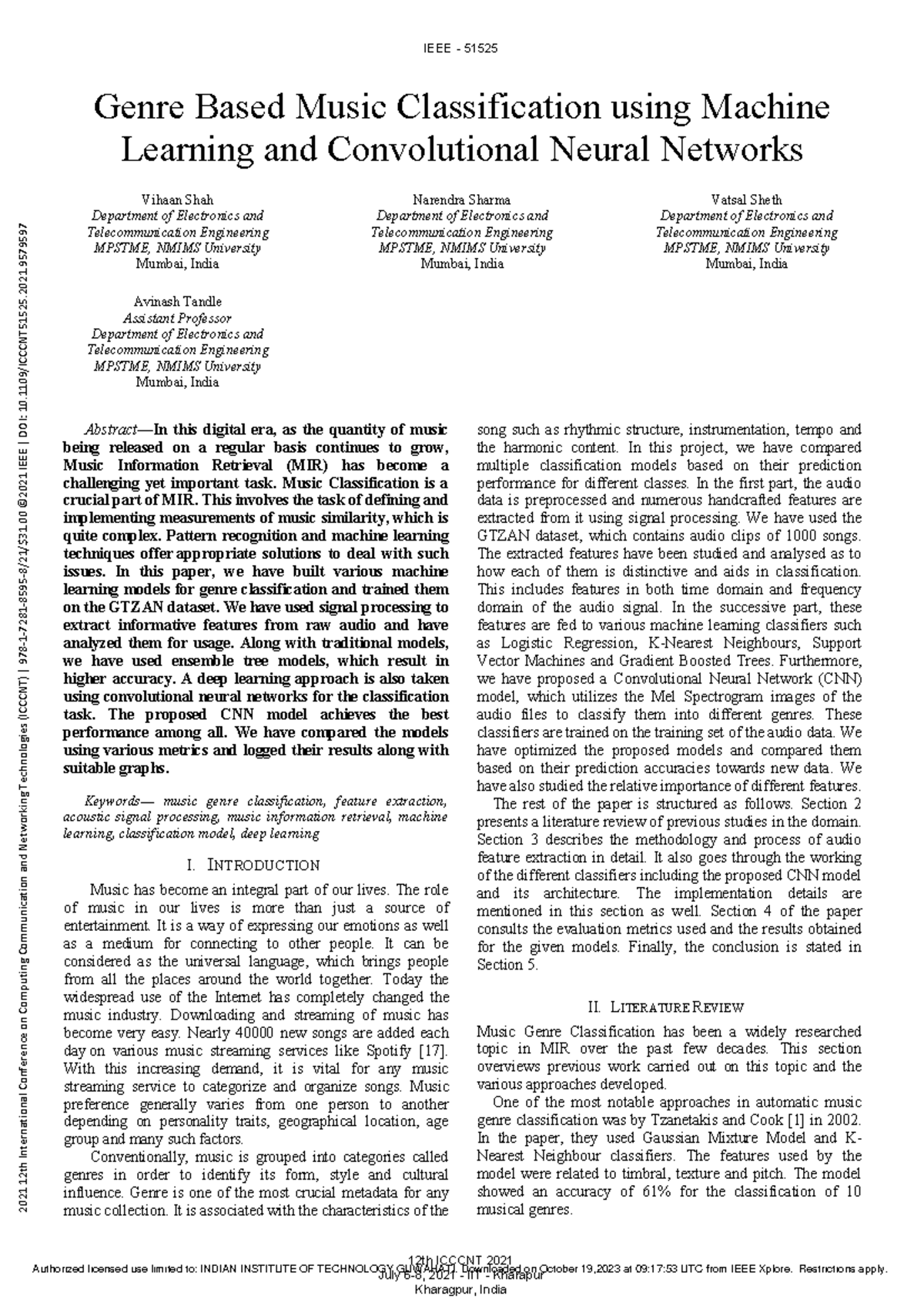 Genre Based Music Classification using Machine Learning and Convolutional Neural Networks ...