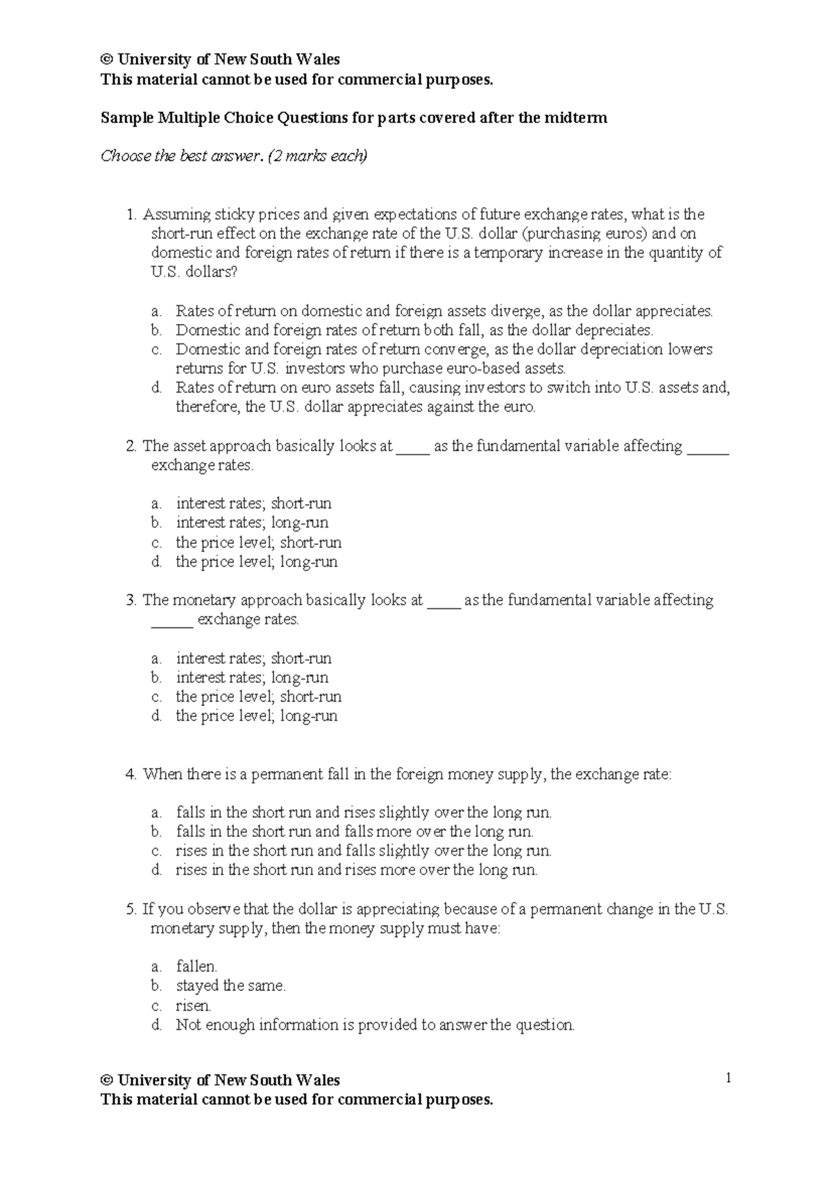 Sample MCQ questions for final - This material cannot be used for ...