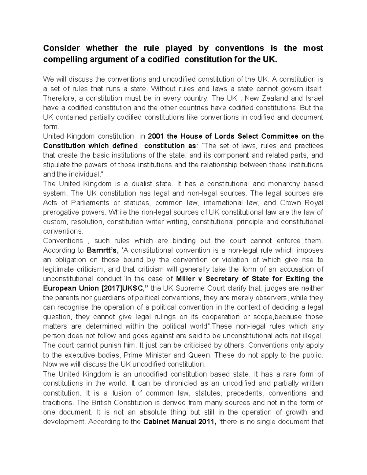 Codified constitution made for the UK - Consider whether the rule ...