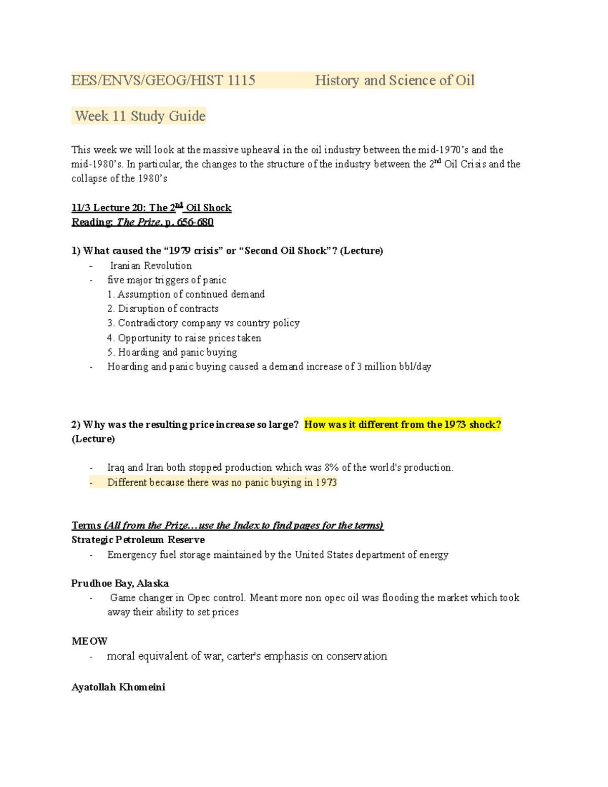 History and science of oil week 11,12,13,14,15 - EES/ENVS/GEOG/HIST ...