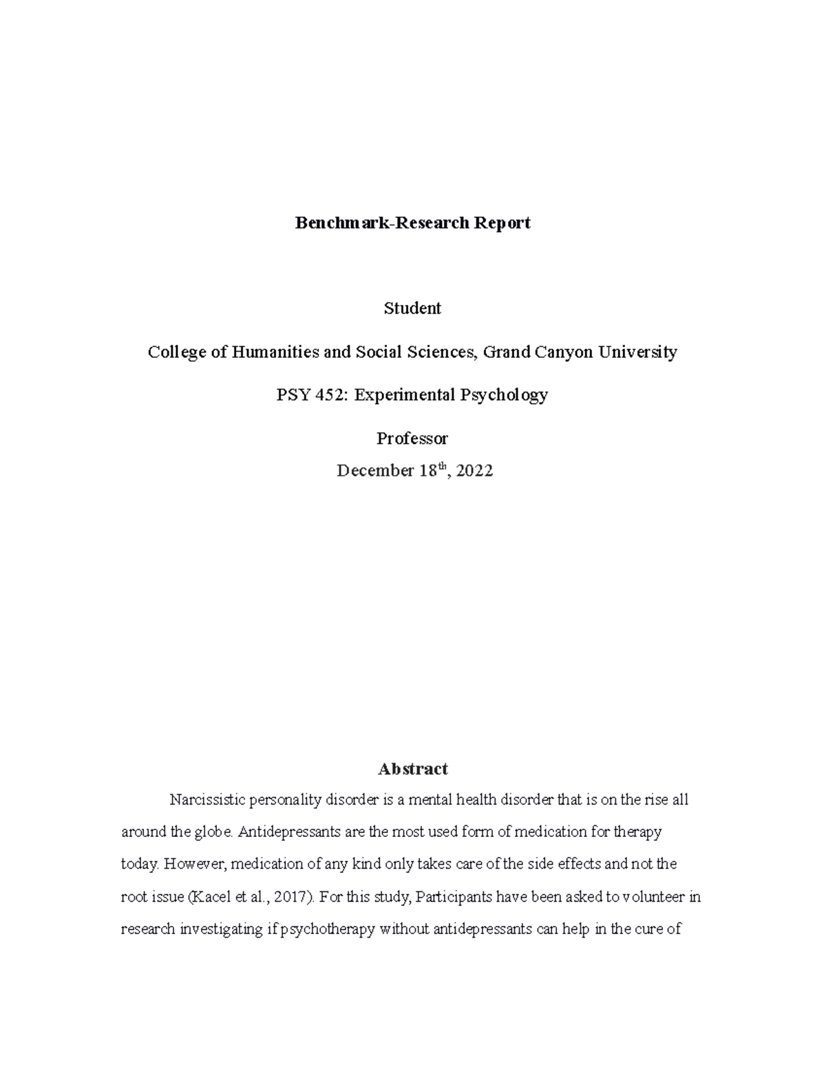 PSY 452 Benchmark - Benchmark-Research Report Student College of ...