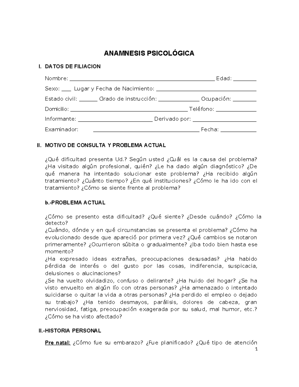 Modelo DE Anamnesis Psicológica Dearr - ANAMNESIS PSICOLÓGICA I. DATOS ...