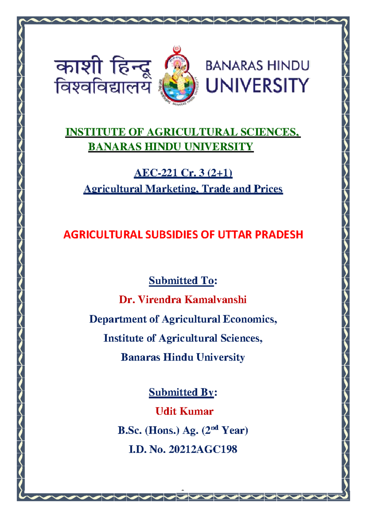 Agricultural Subsidies of Uttar Pradesh - 2 INSTITUTE OF AGRICULTURAL ...