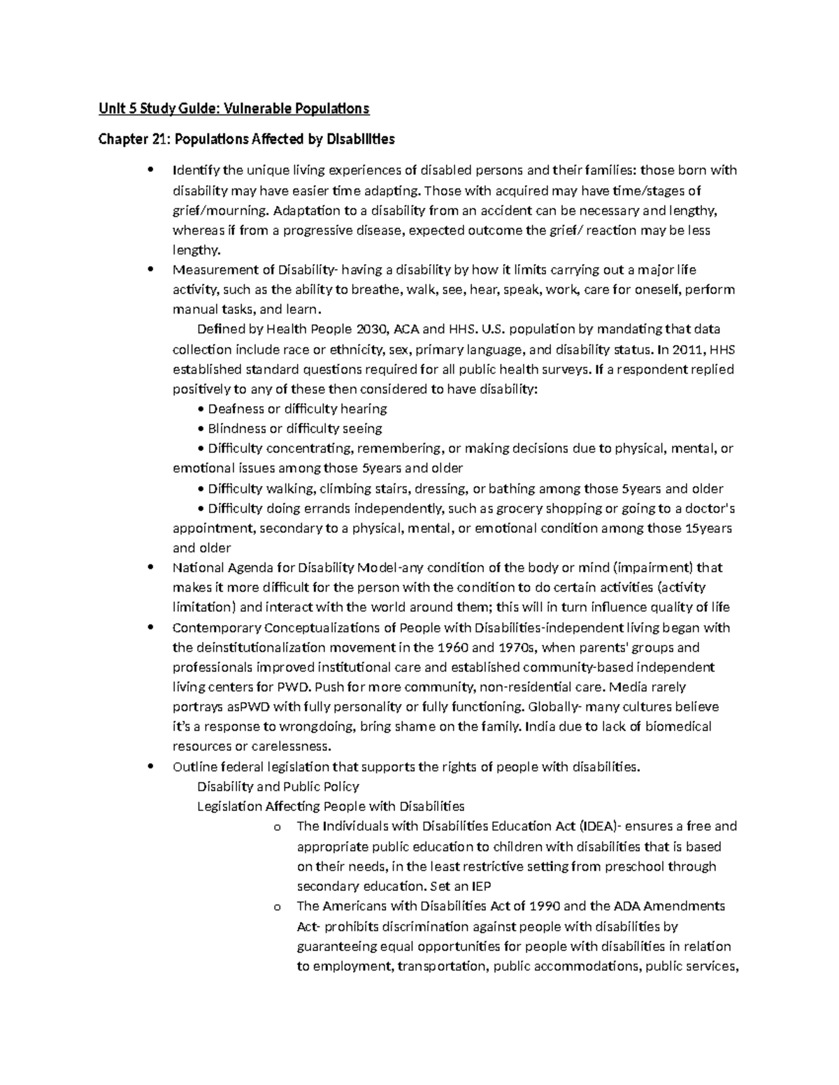 Unit 5 study guide - Unit 5 Study Guide: Vulnerable Populations Chapter ...
