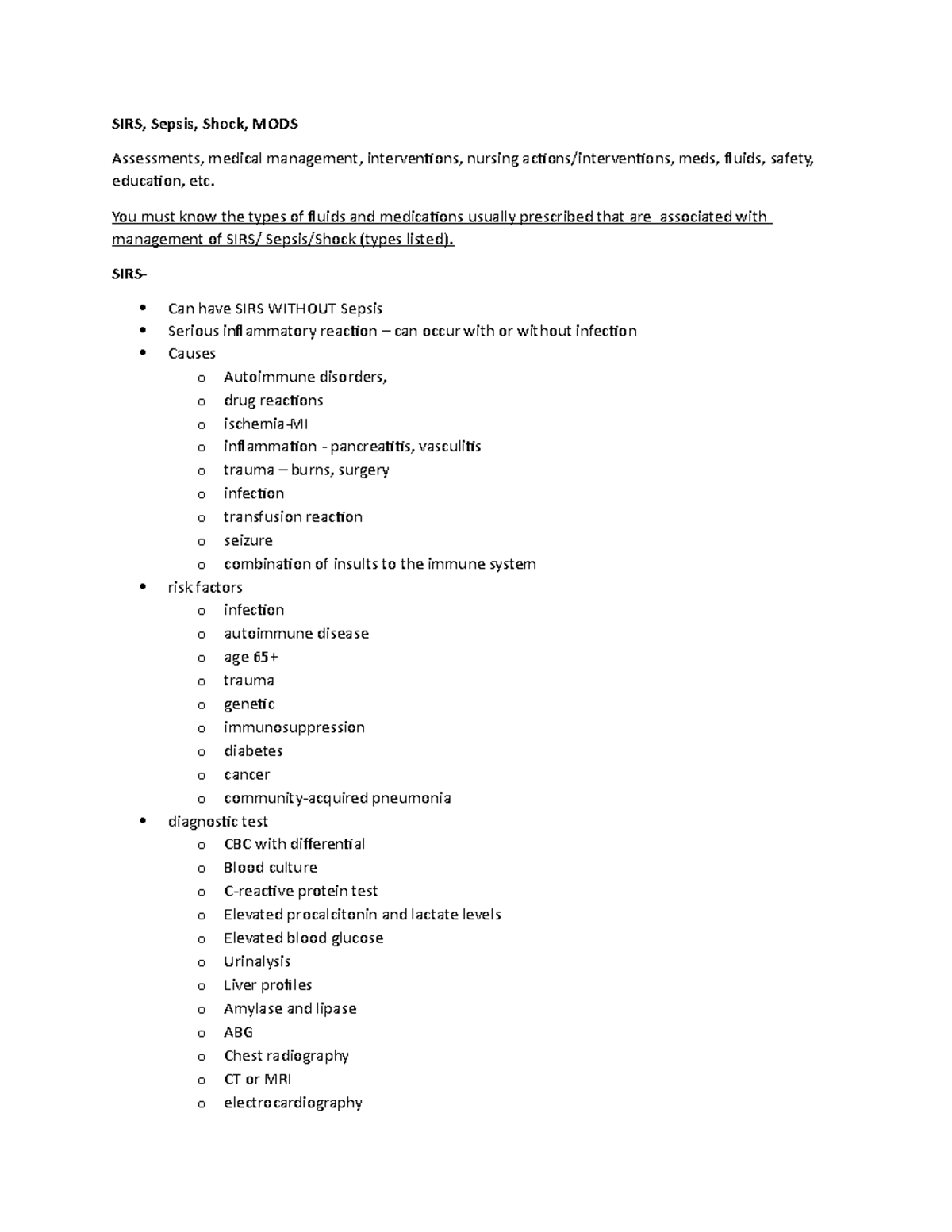 SIRS, Sepsis, Shock, MODS - SIRS, Sepsis, Shock, MODS Assessments ...