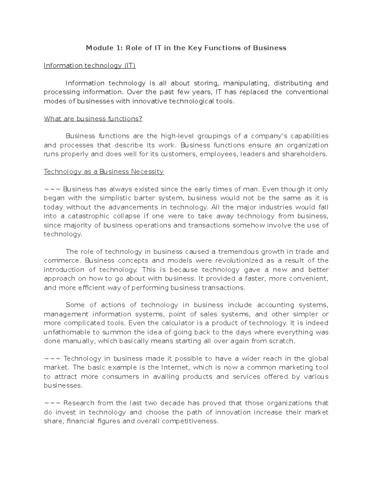 Module 1 Role of IT in the Key Functions of Business - Module 1: Role ...